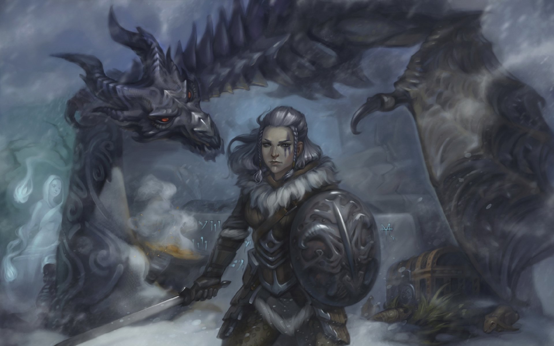 Epic Skyrim HD Wallpaper: Battle with Dragons by Alteya