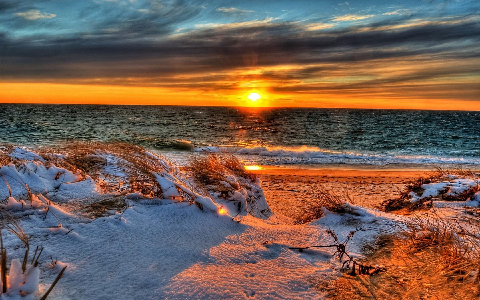 Winter Sunset Over Snowy Beach and Ocean Waves – Stunning HD Nature ...