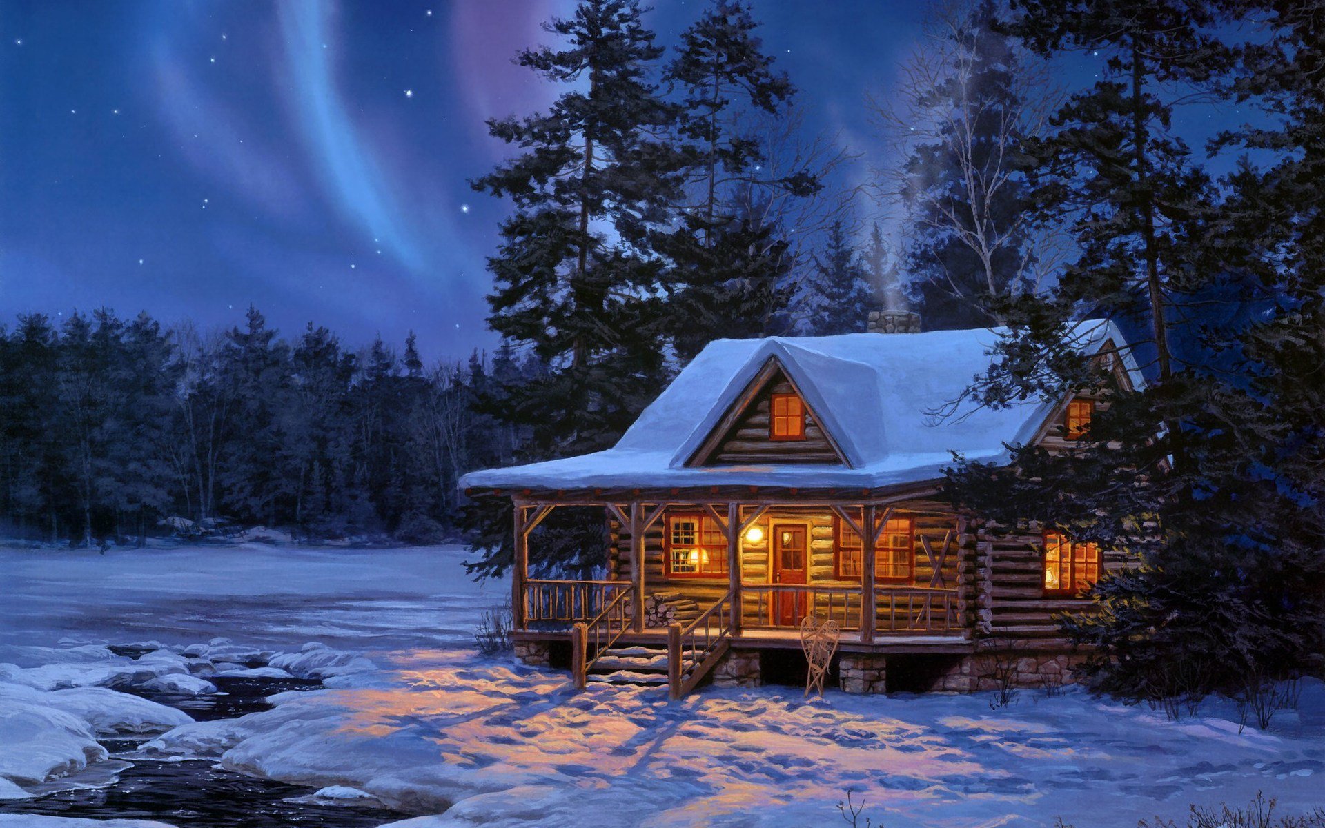 Winter Dusk: A Starry Cabin HD Wallpaper