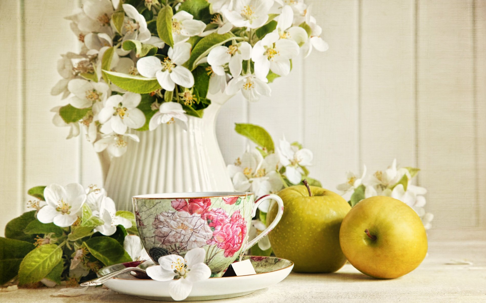 Elegant Still Life: Floral Tea and Fresh Fruit HD Wallpaper
