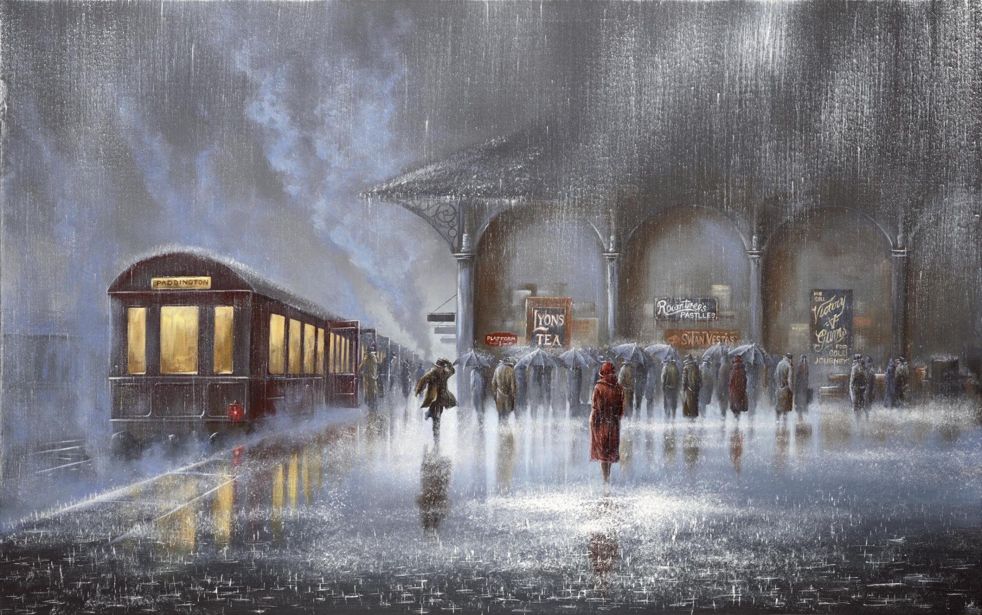 Misty Evening Commute: Artistic Train Station HD Painting by Jeff Rowland