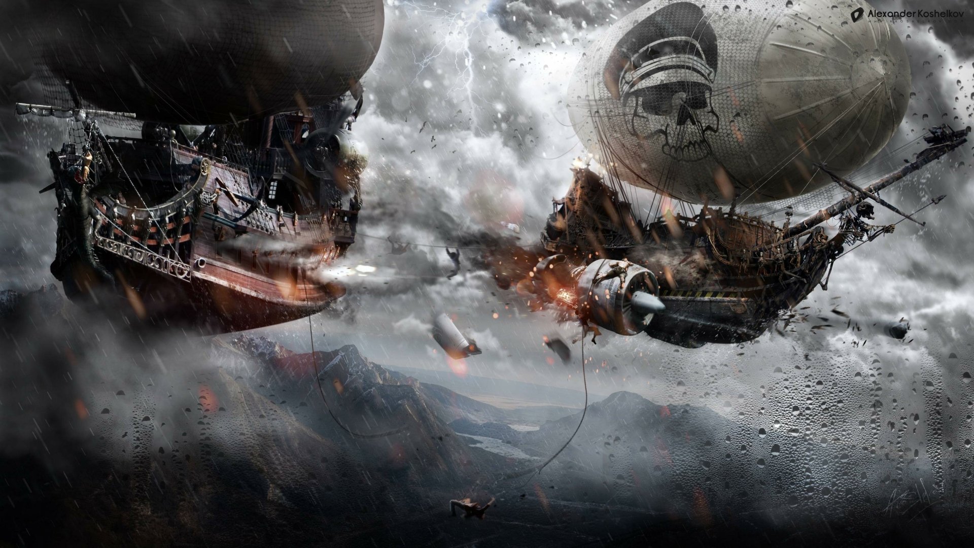 Epic Sci-Fi Steampunk Airship Battle HD Wallpaper by Alexander Koshelkov