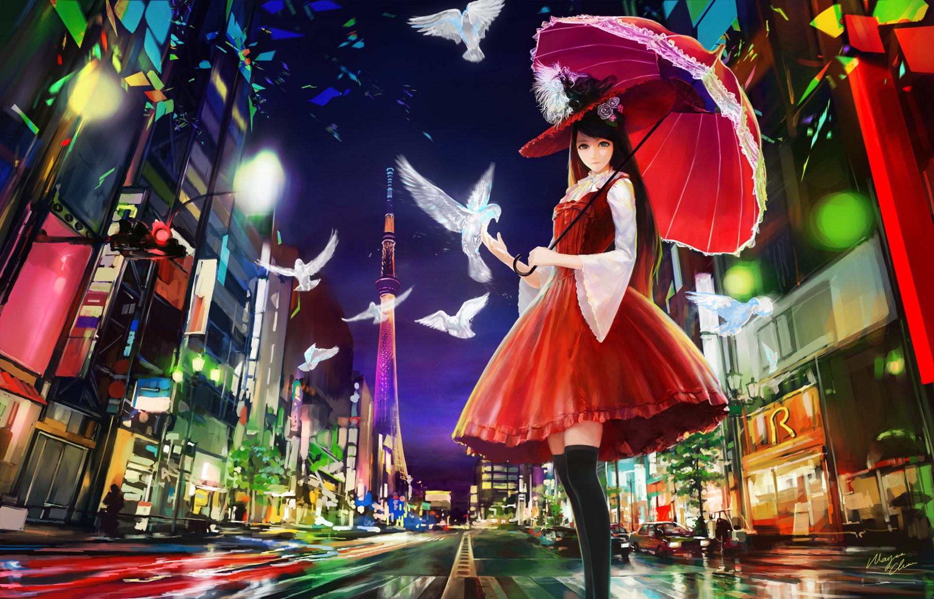 Enchanting Anime Nightscape: HD Wallpaper of Elegance by Wayne Chan ...