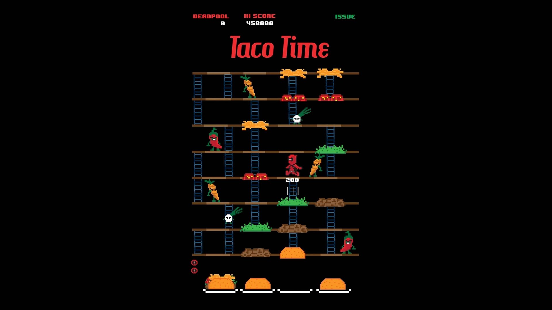Deadpool’s HD Taco Time: Retro Comic Game Wallpaper