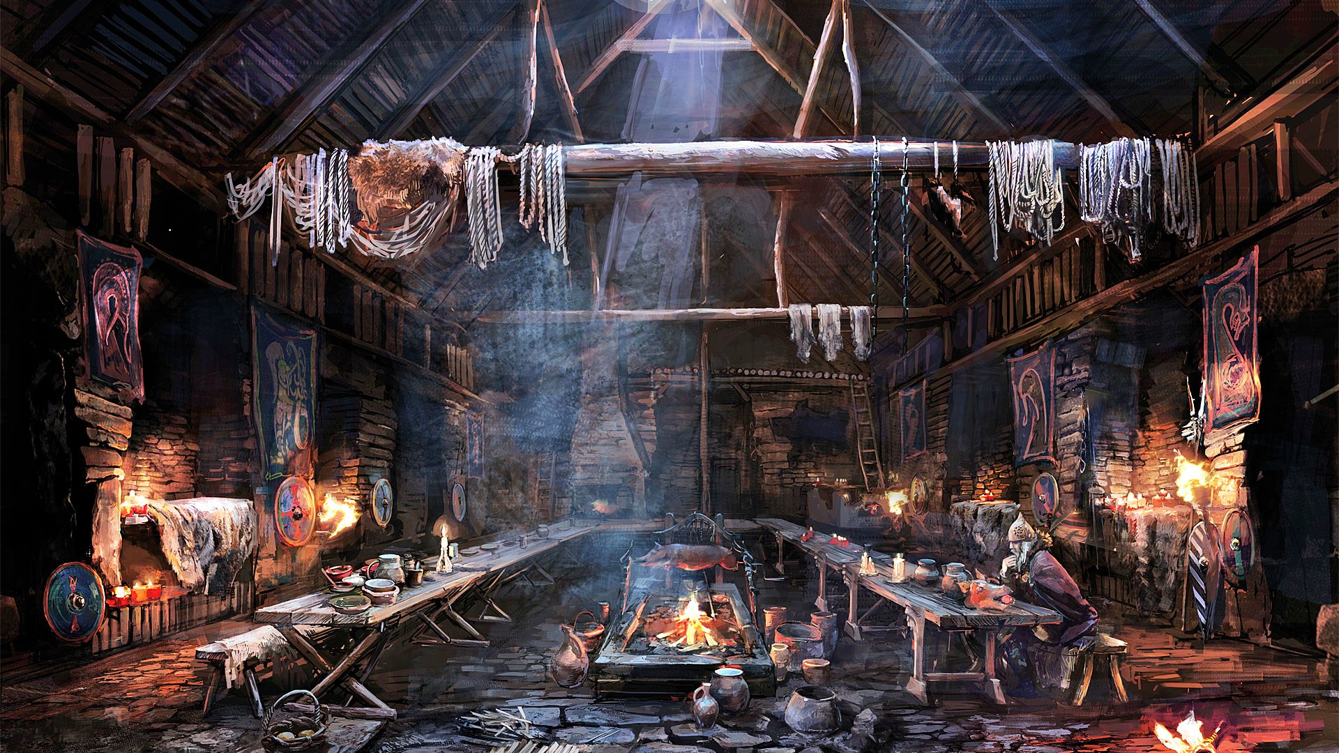 The Witcher 3 HD Wallpaper: Inside the Wild Hunt's Rustic Hall
