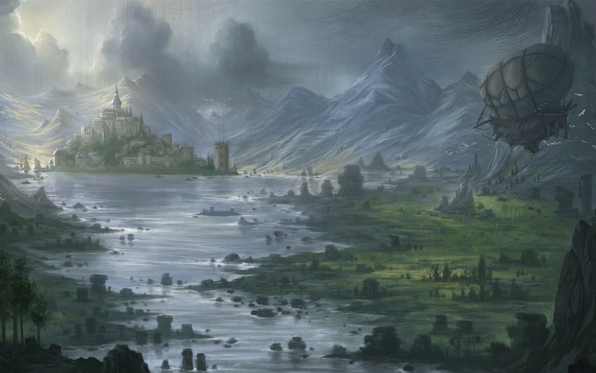 Majestic Fantasy Castle Overlooking River and Mountains – HD Landscape ...