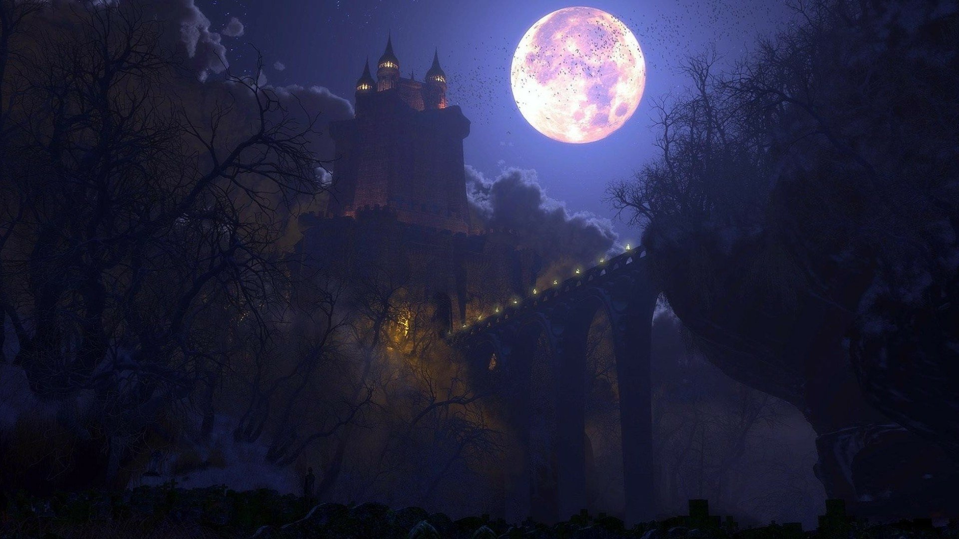 Enchanted Moonlit Castle Bridge HD Fantasy Clouds Wallpaper
