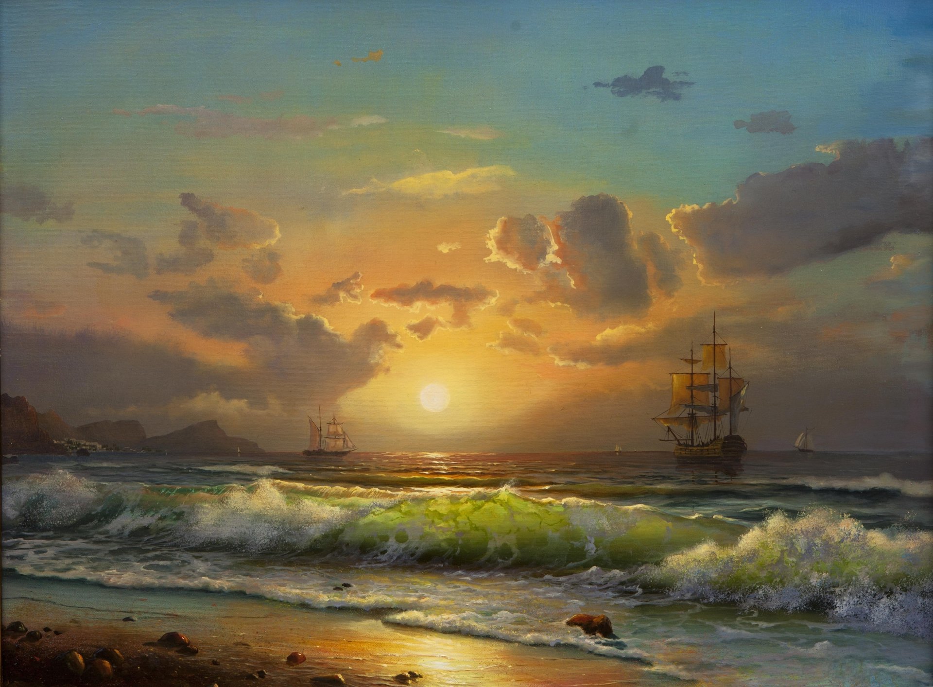 4K Ultra HD Artistic Seascape: Sunlit Ship Sailing the Serene Seashore
