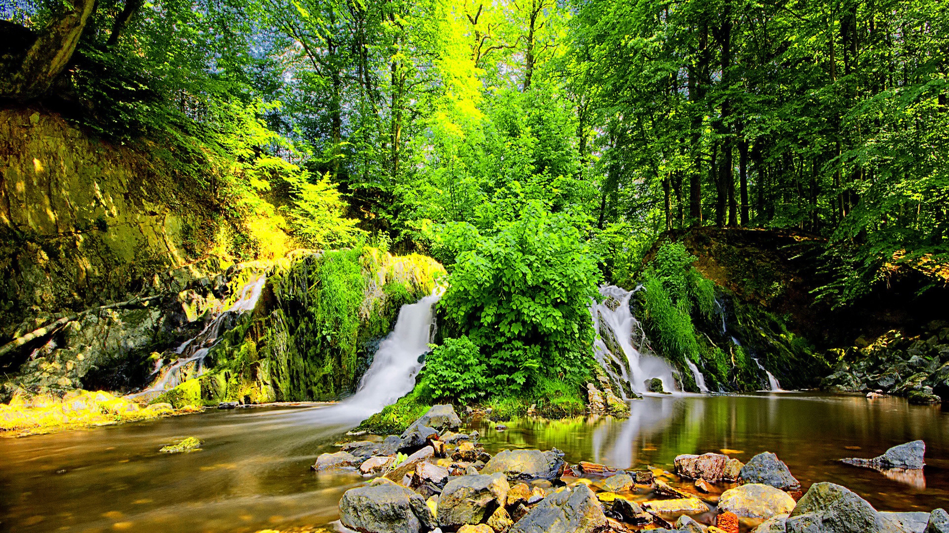 Small Waterfall Hdr Wallpaper Small Waterfall In The Forest In Summer.