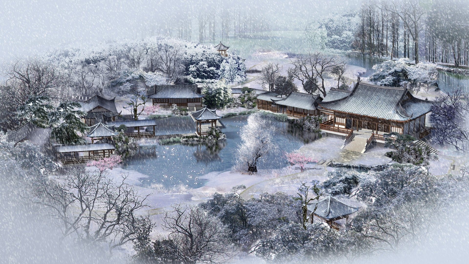 Snowbound Chinese Garden — Artistic HD Wallpaper