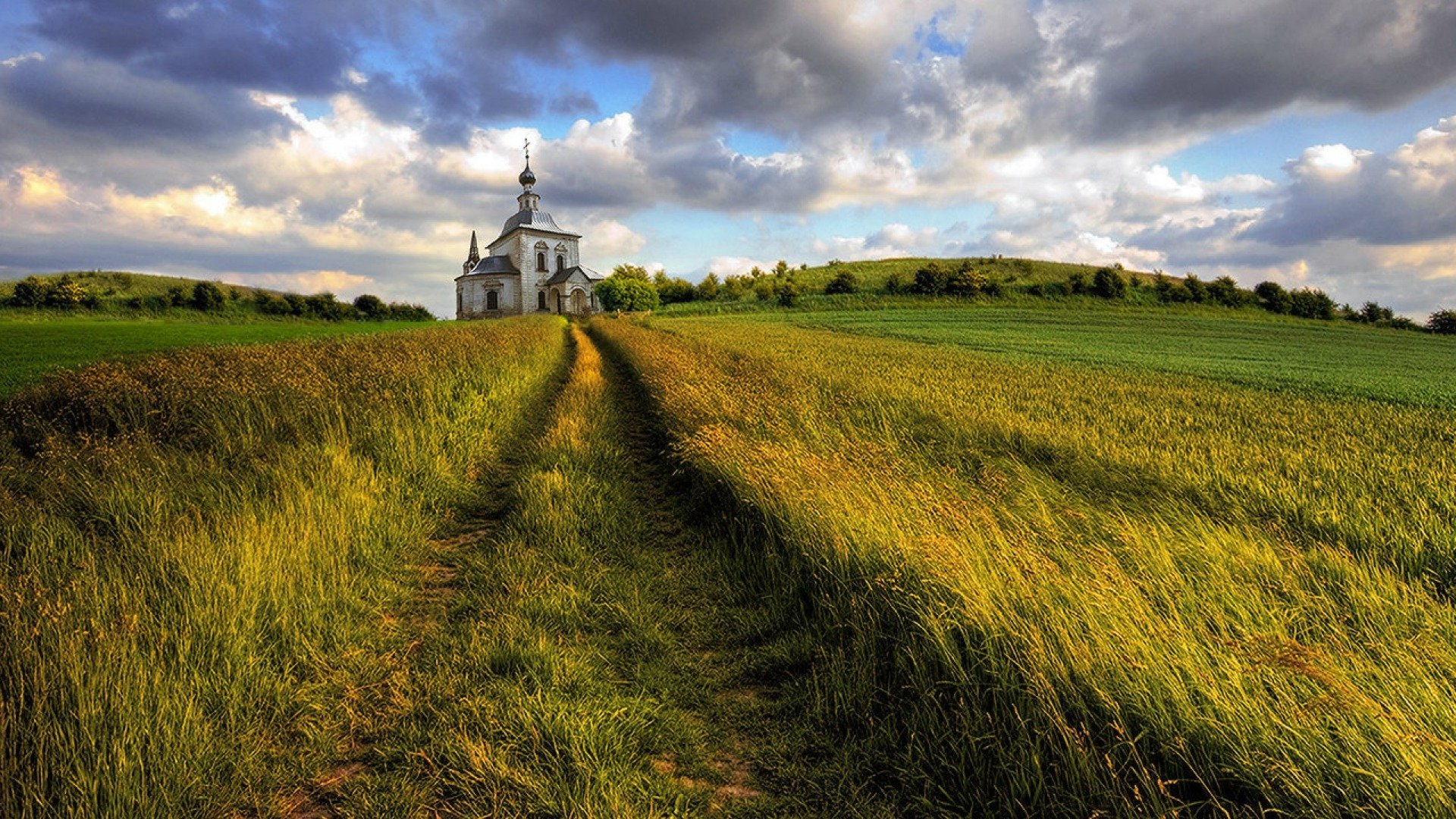 Download Cloud Grass Field Religious Church HD Wallpaper