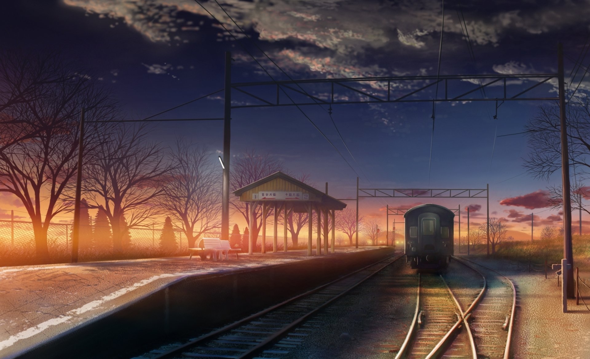Anime Train Station at Dusk HD Wallpaper by monorisu