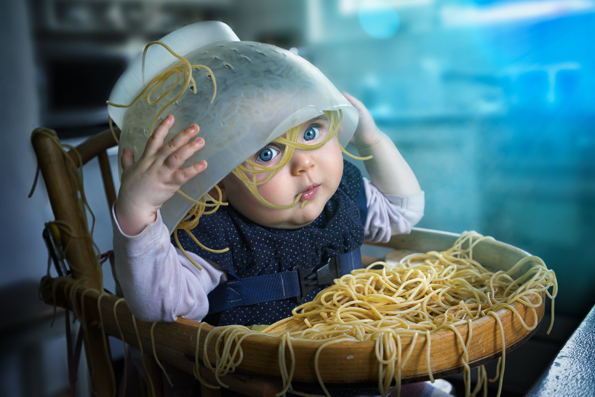 Spaghetti Fun: Humorous HD Wallpaper with an Adorable Baby by John Wilhelm