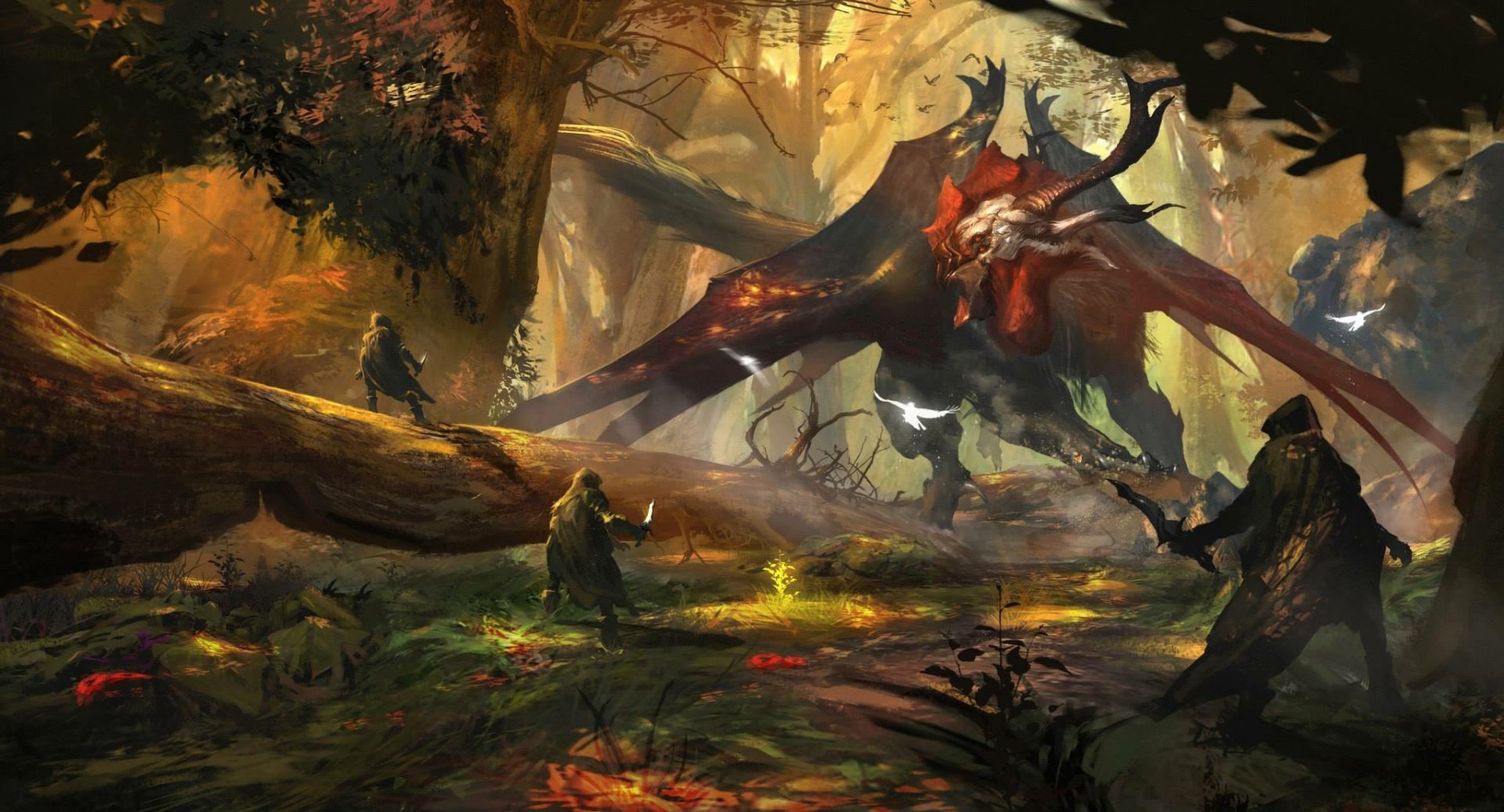 Epic Fantasy Warrior Hunting in Enchanted Forest with Mythical Creature ...