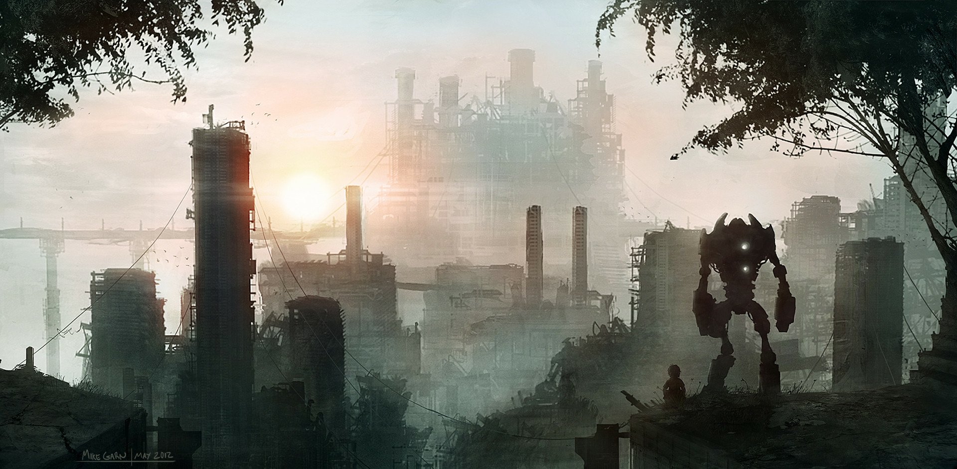 Futuristic Skyline: HD Sci-Fi Cityscape with Giant Mech by Mike Garn