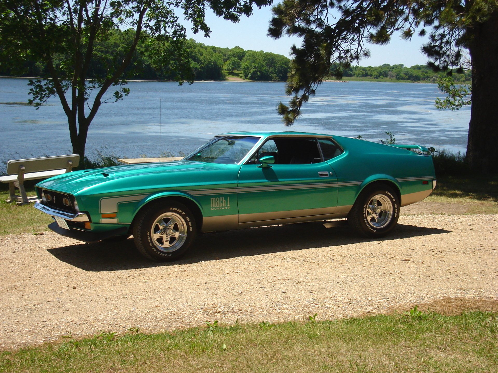 Green Ford Mustang Mach 1 Muscle Car – HD Wallpaper Drive by the Lake