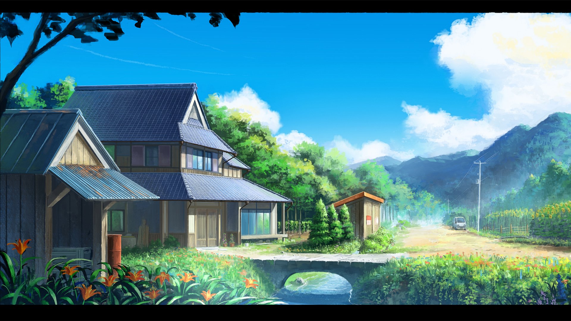 Serene Anime Village: HD Wallpaper of Tranquil Building and Nature