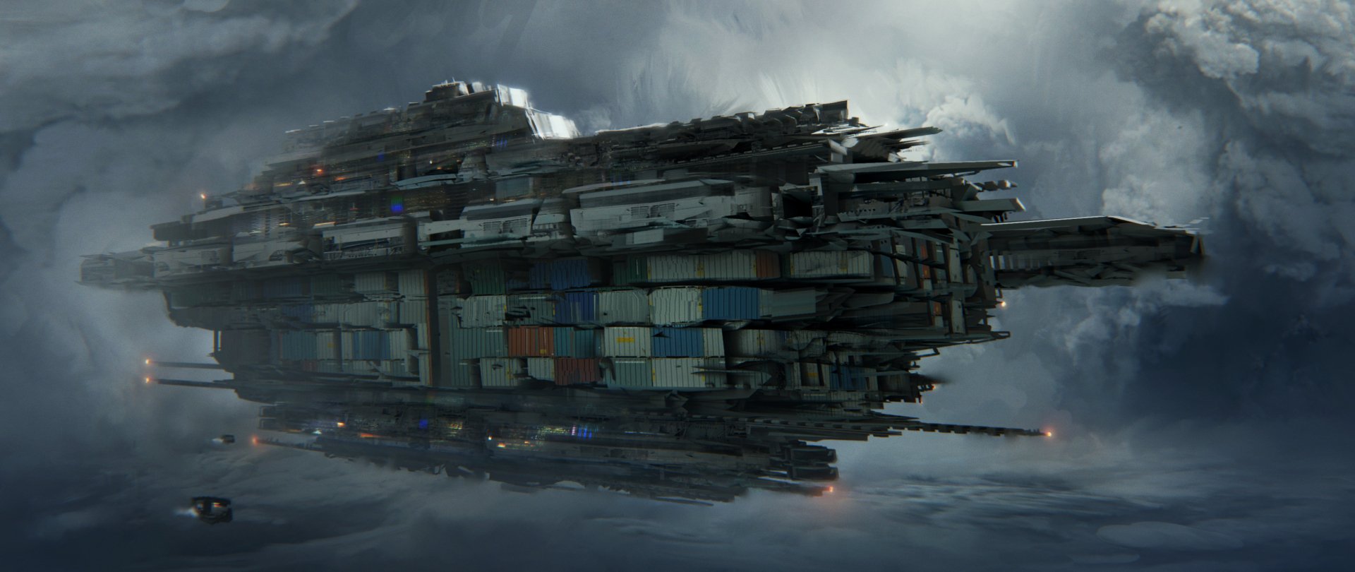 Galactic Container Cruiser – HD Sci-Fi Spaceship Wallpaper by Leon Tukker
