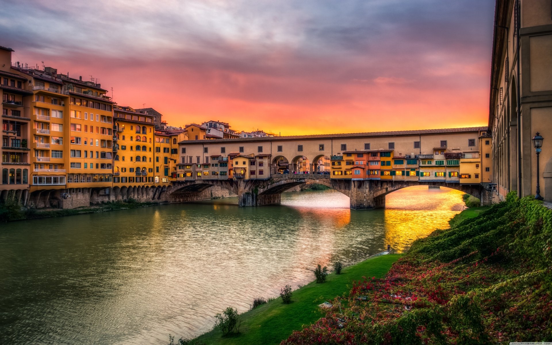 Download Canal Sunset Florence Italy Bridge Man Made Ponte Vecchio 4k