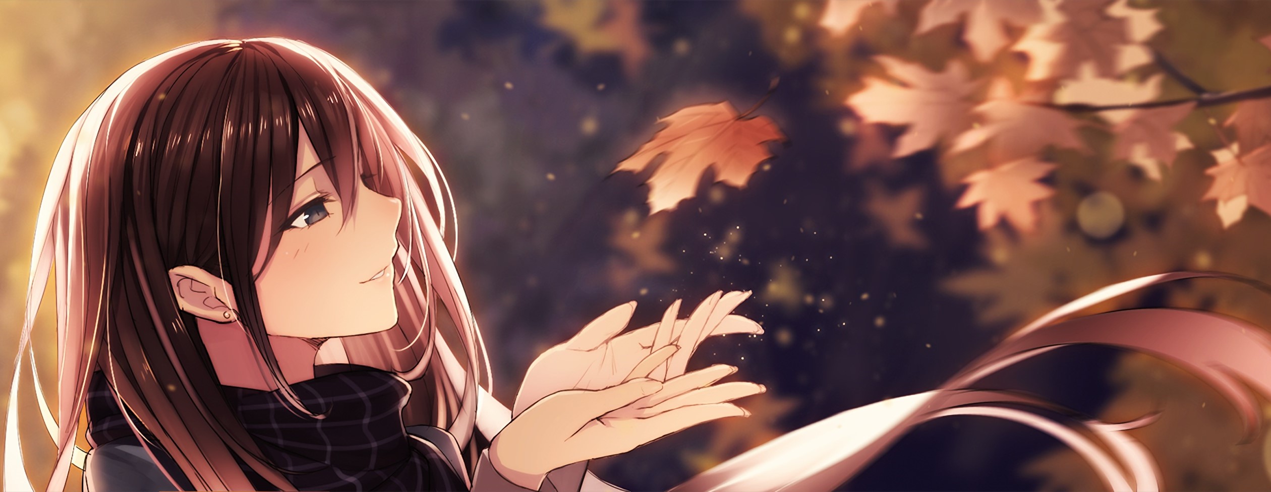Anime girl welcoming the falling leaves of autumn by .PEN.