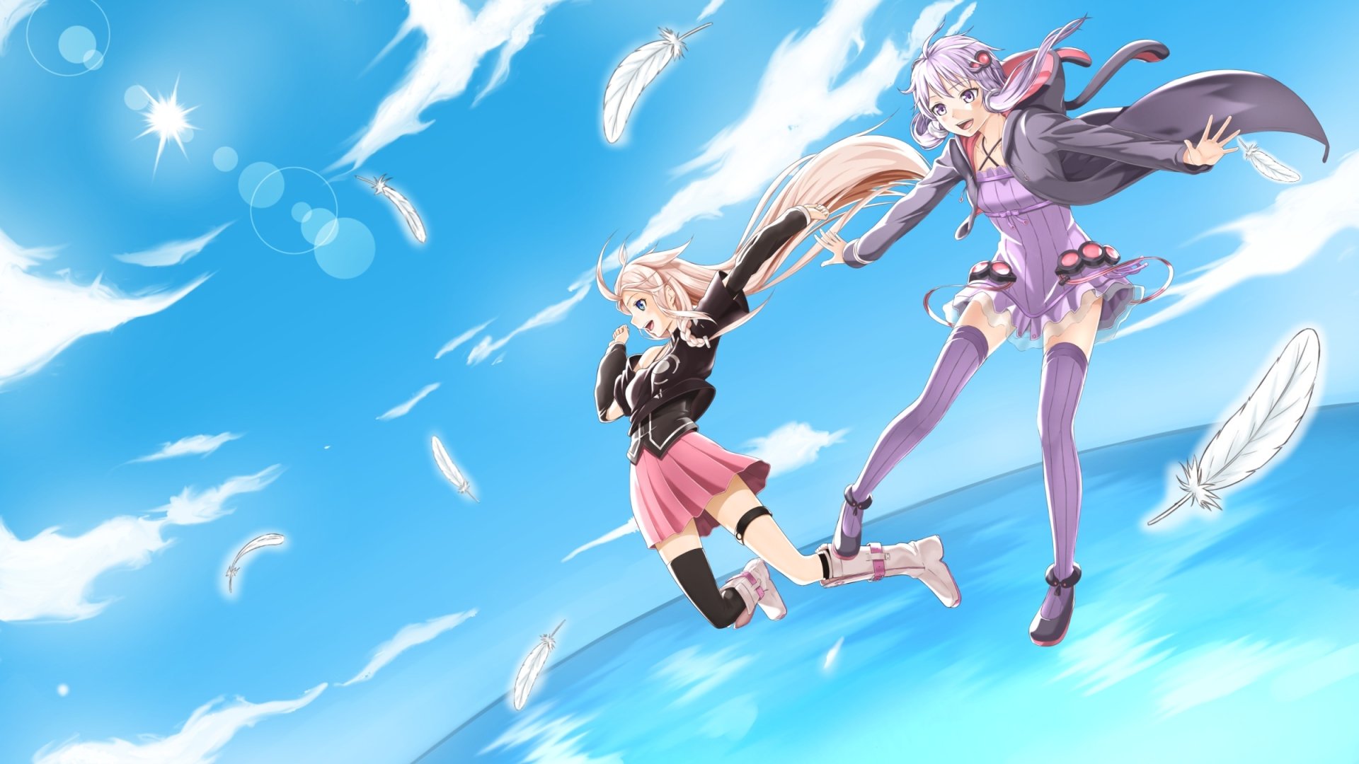 Joyful Duo: HD Wallpaper of Vocaloid Characters in a Blissful Sky
