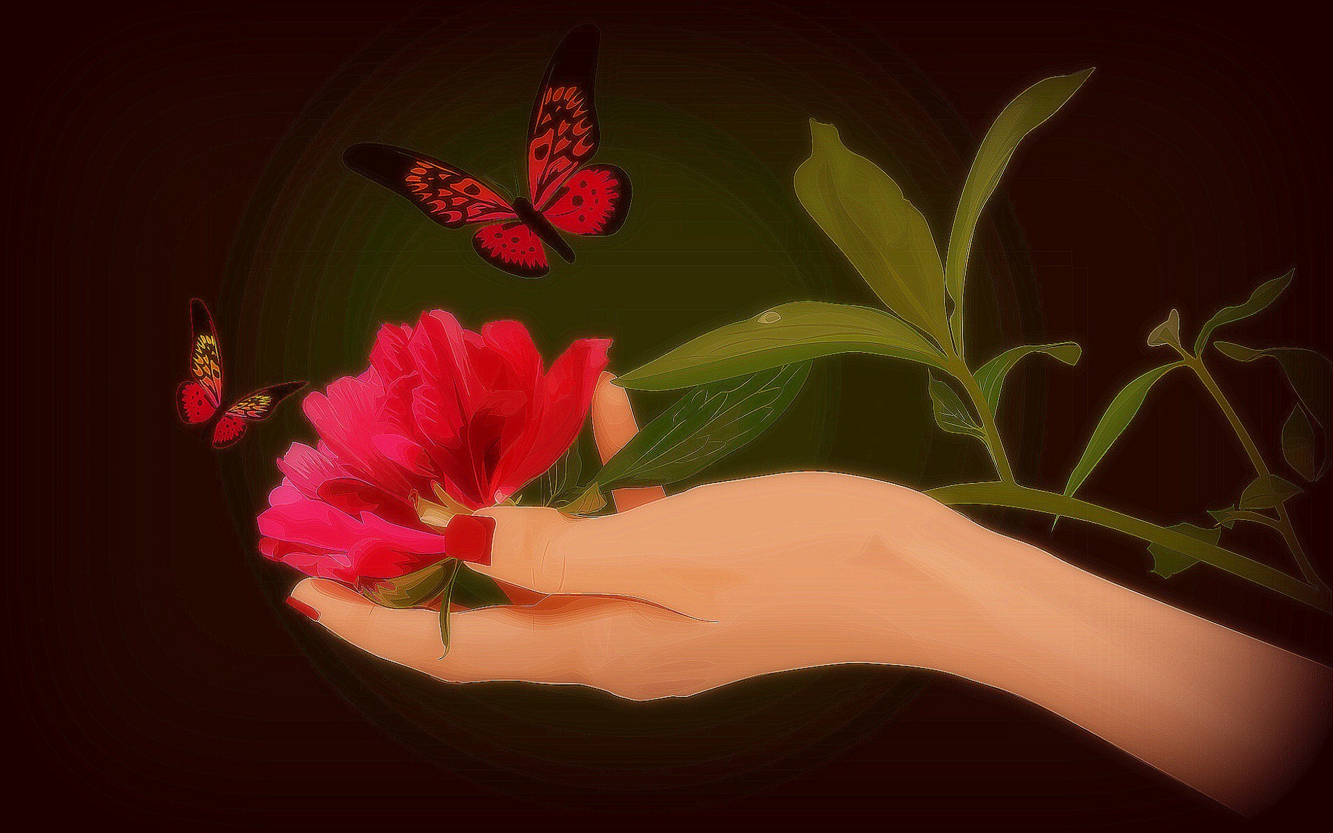 Download Pink Flower Hand Flower Artistic Butterfly HD Wallpaper