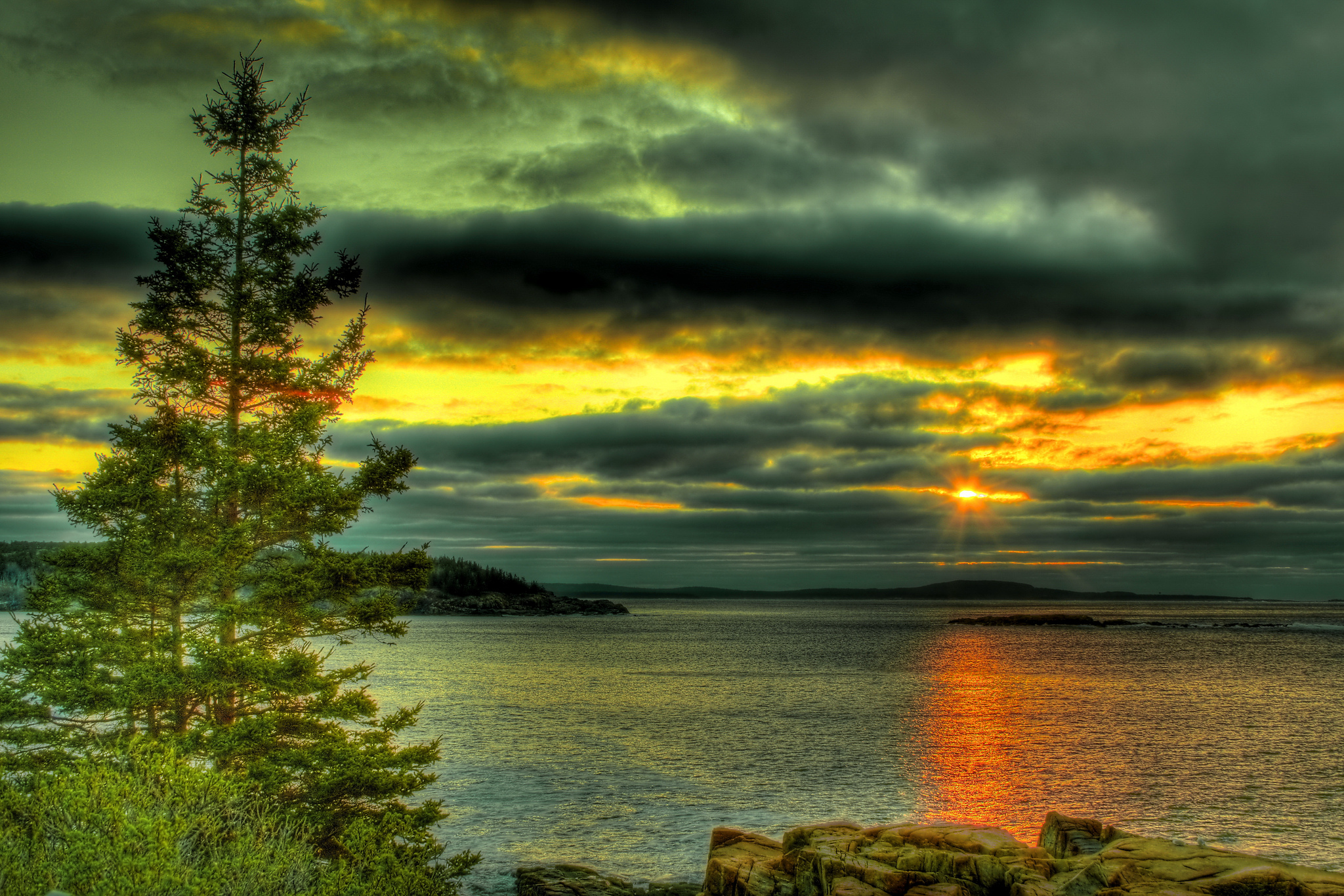 Download Nature HDR Stone Tree Lake Cloud Sky Sunset HD Wallpaper