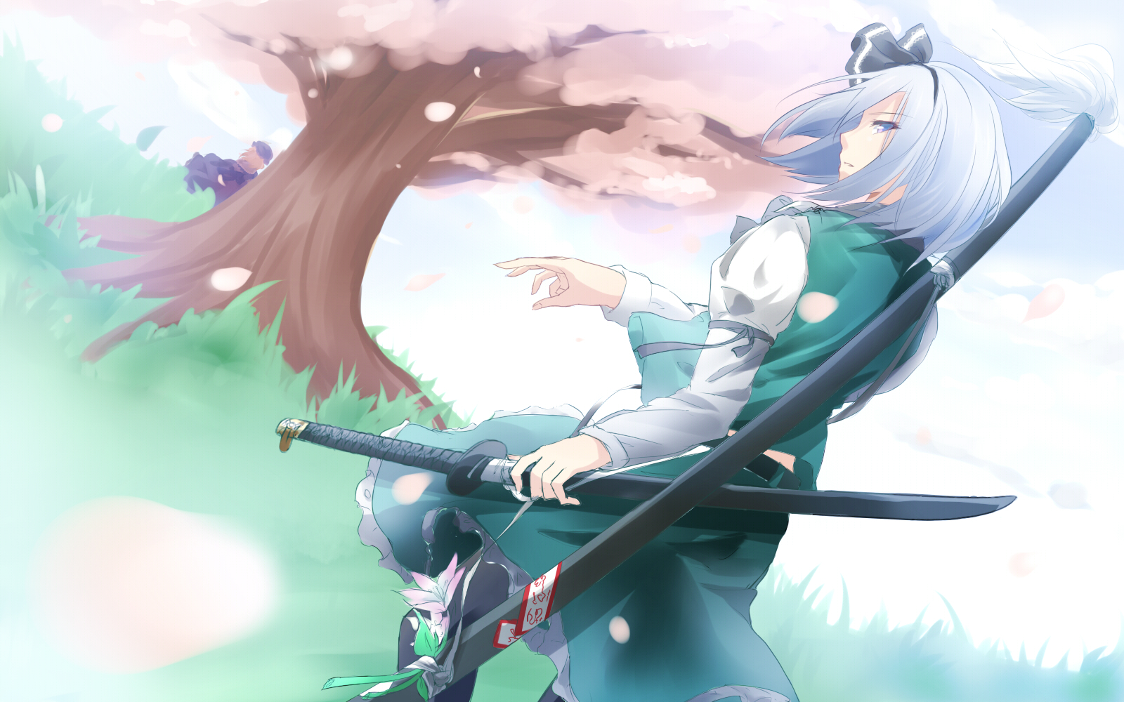 Download Weapon Cherry Blossom Headdress Blue Eyes Katana White Hair ...