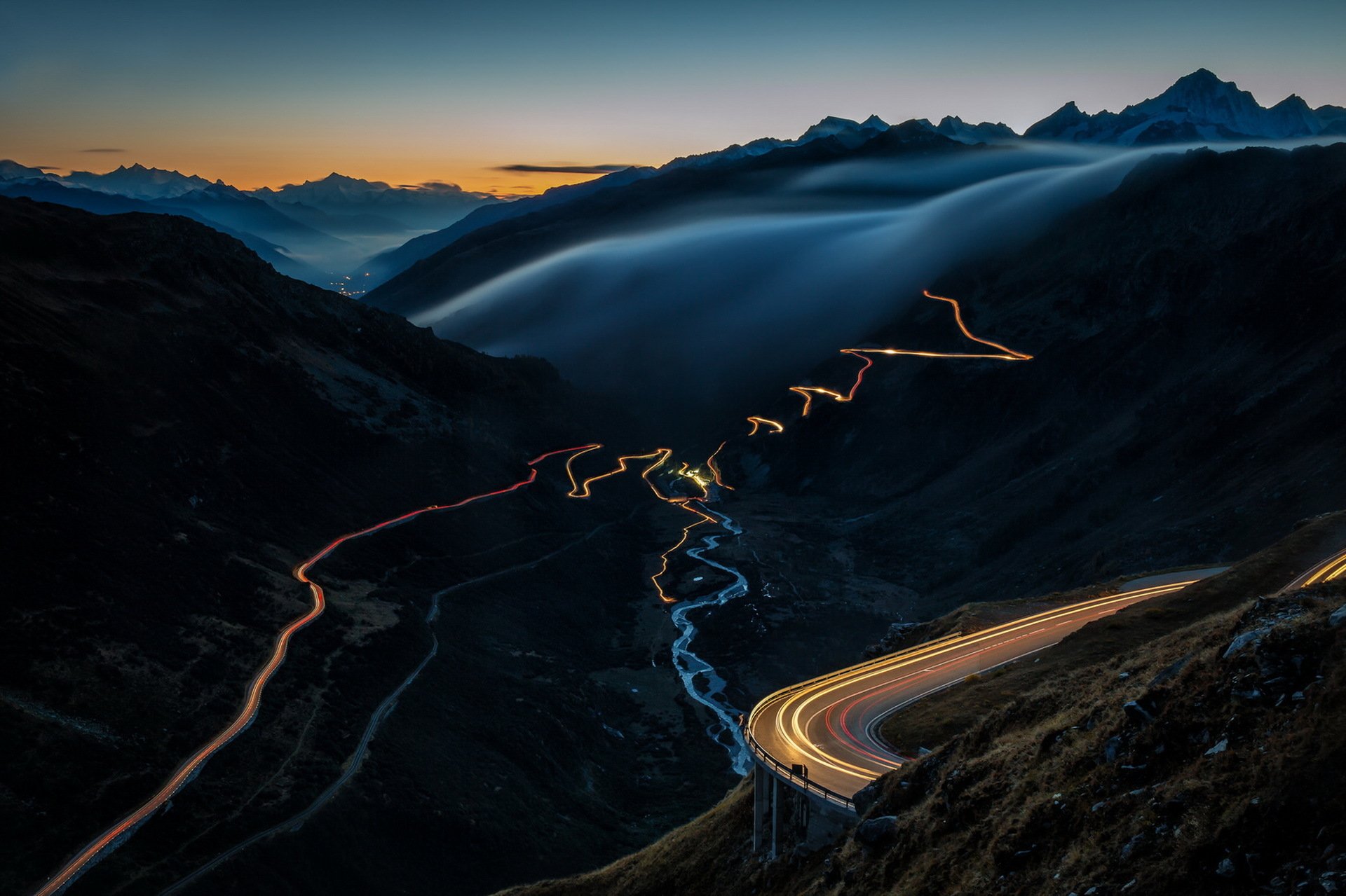 Download Fog Road Night Mountain Photography Time Lapse HD Wallpaper