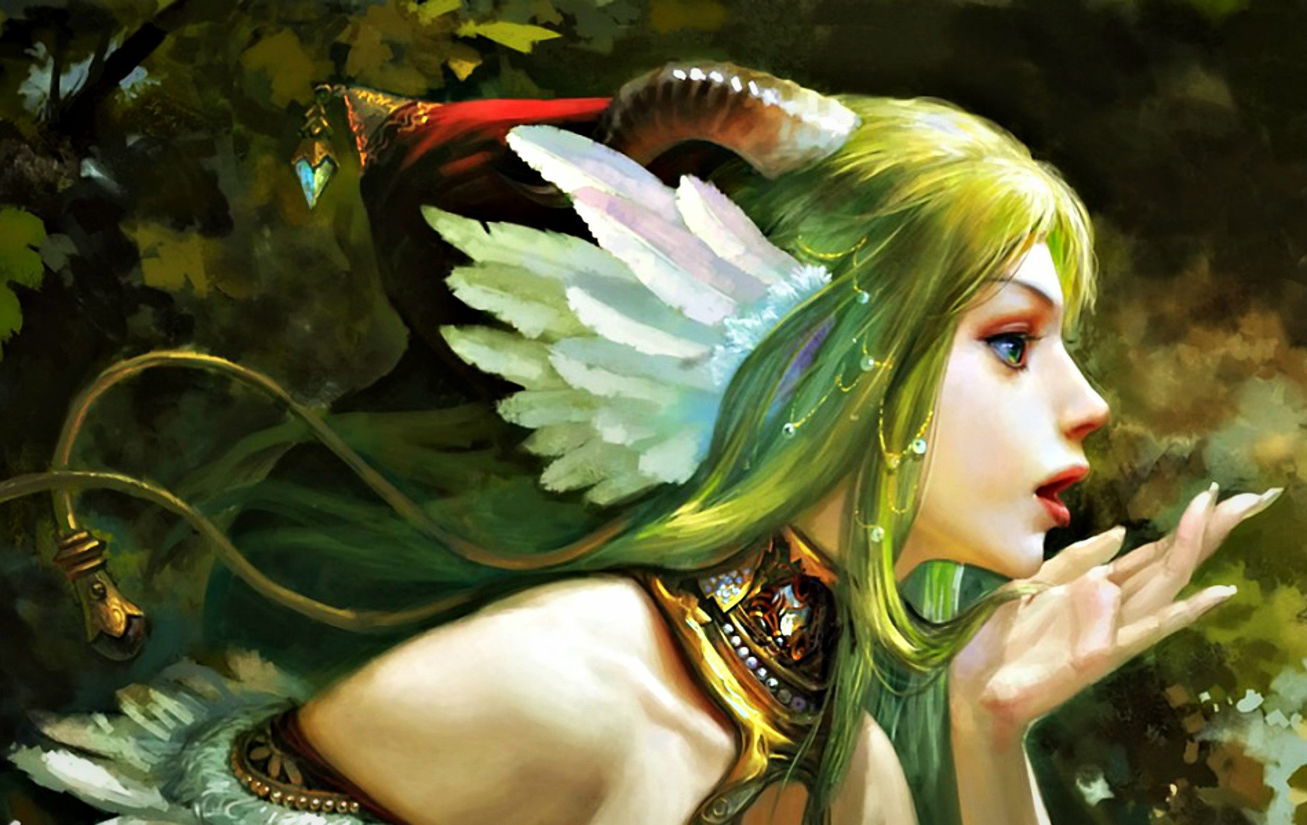 Blonde Demon with Feathered Horns - Fantasy HD Wallpaper