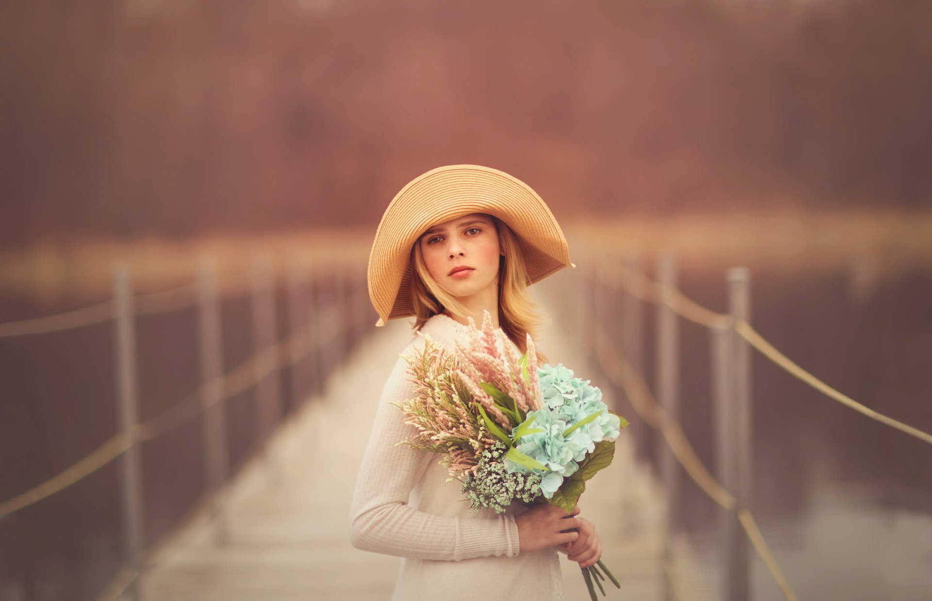 Download Hat Flower Blur Outdoor Blonde Woman Model HD Wallpaper by ...