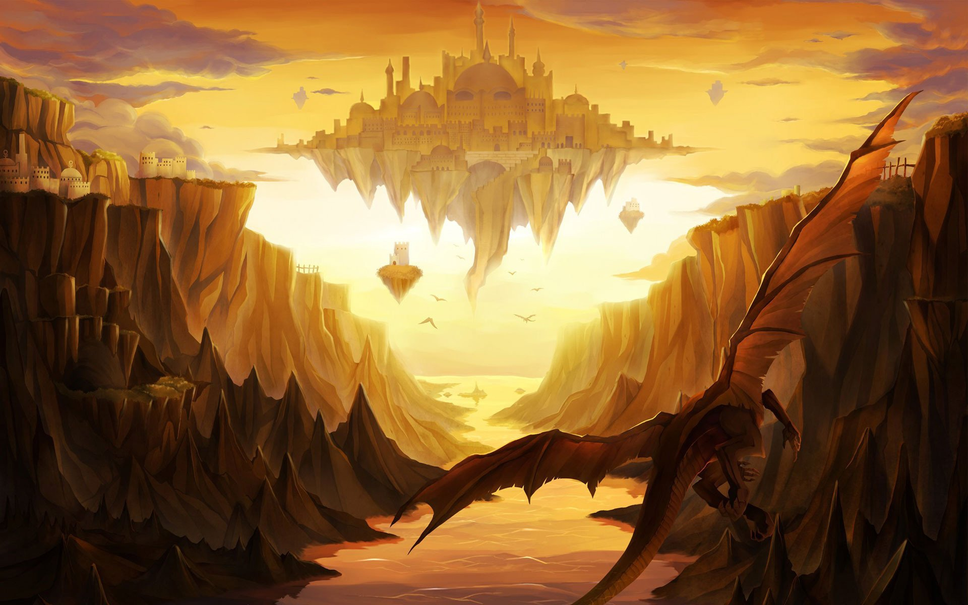 Download Mountain River Valley Castle Dragon Fantasy City HD Wallpaper