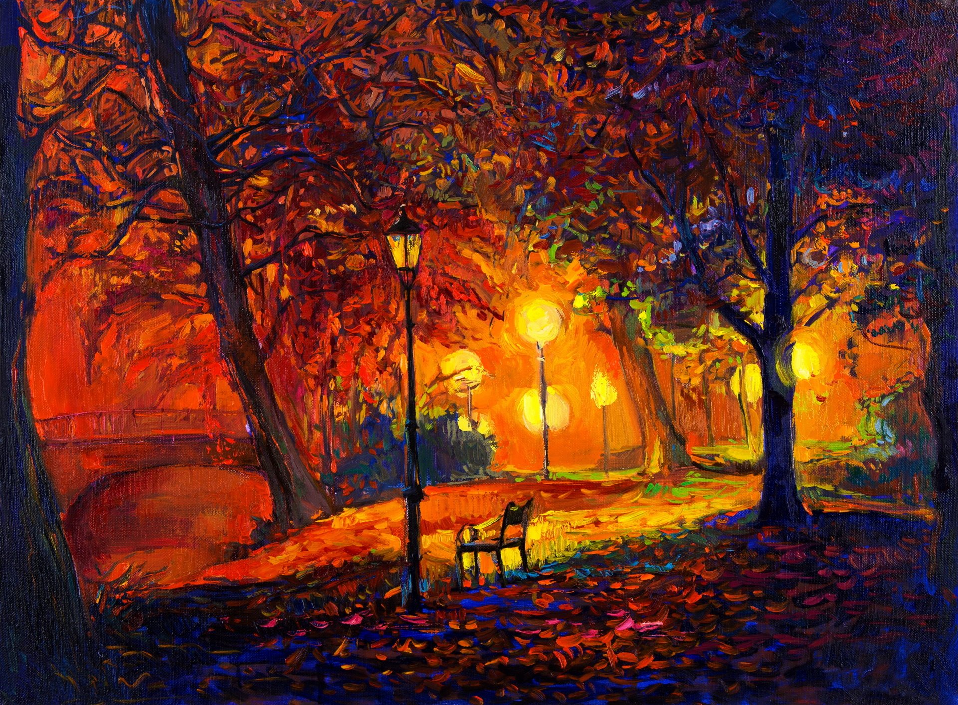 Download Colorful Light Tree Bench Park Fall Artistic Painting 4k Ultra ...