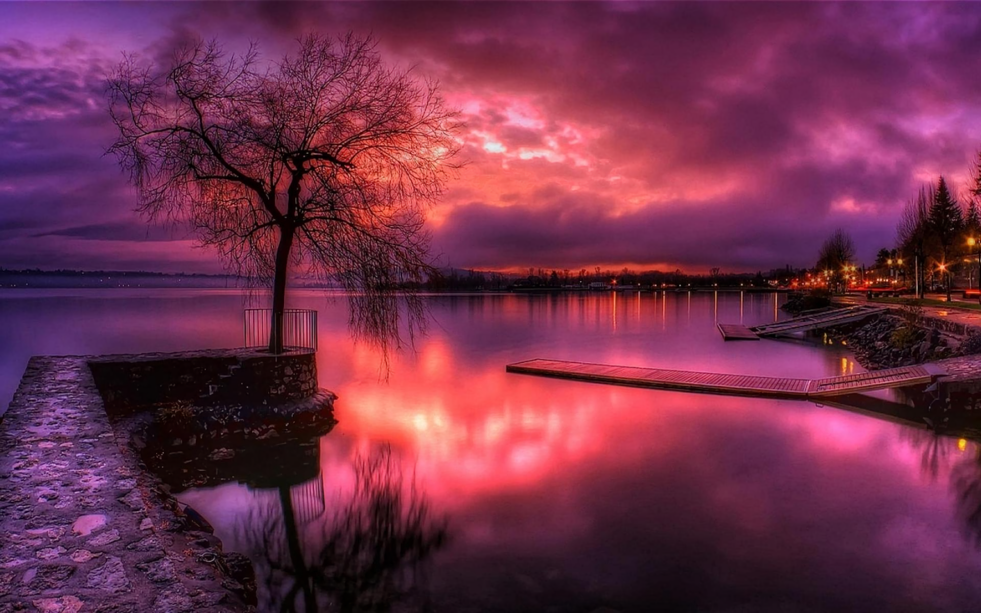 Download Town Tree Lake Purple Photography Sunset HD Wallpaper