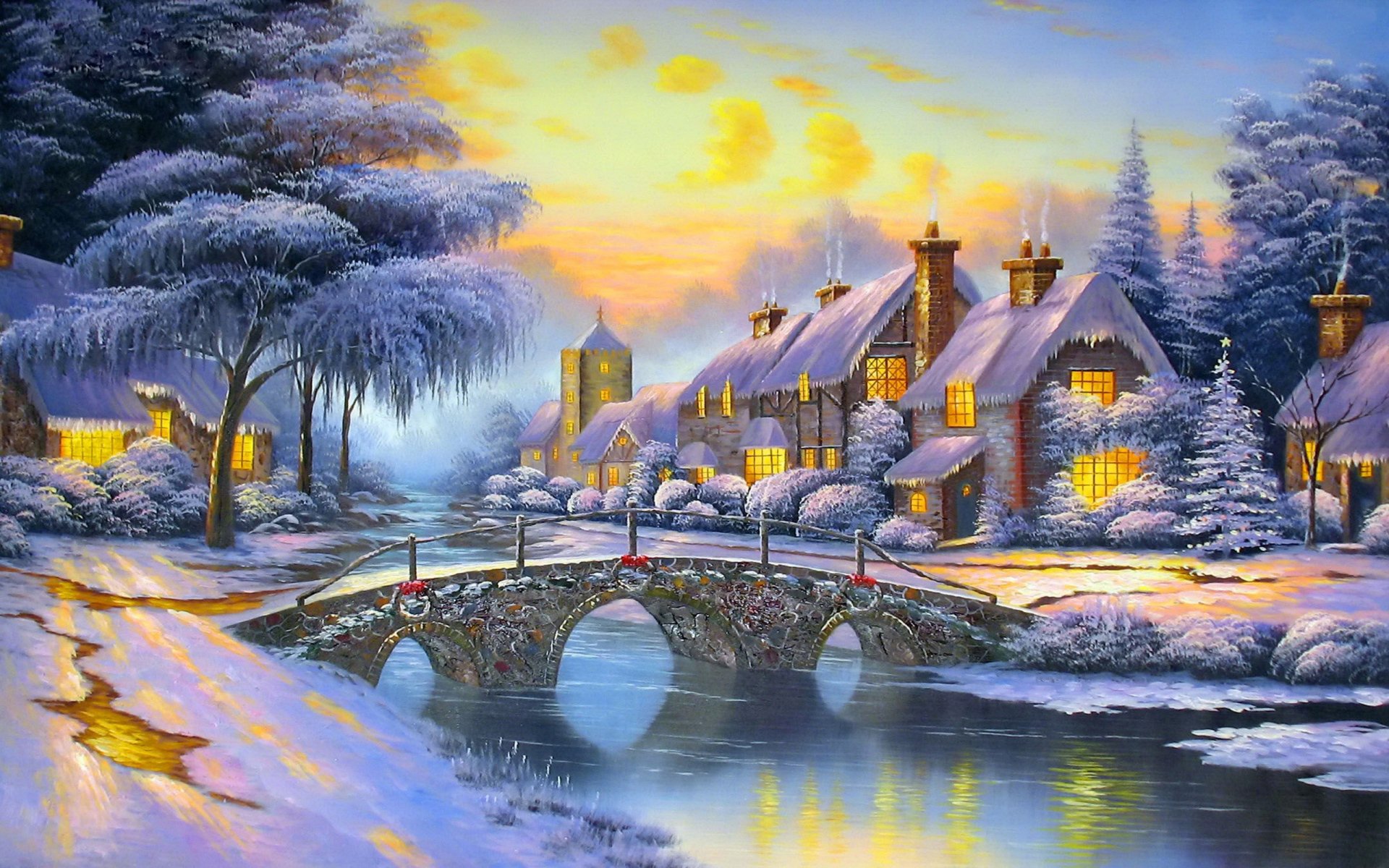 Winter Village Glow: Artistic Snow-Covered Bridge and Cozy Homes HD ...