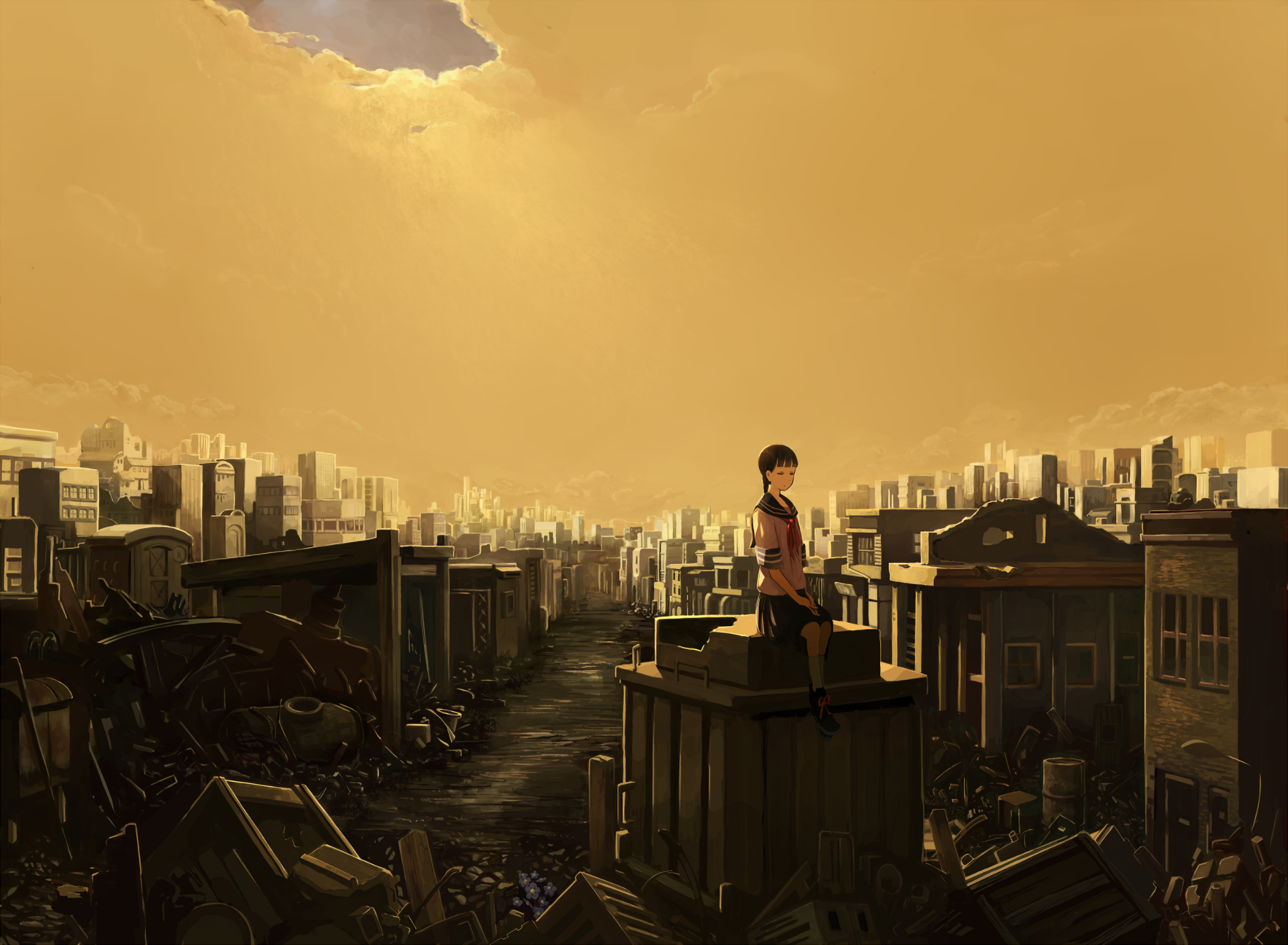 Original Anime HD Wallpaper: Journey Through an Urban Landscape by Morugoru