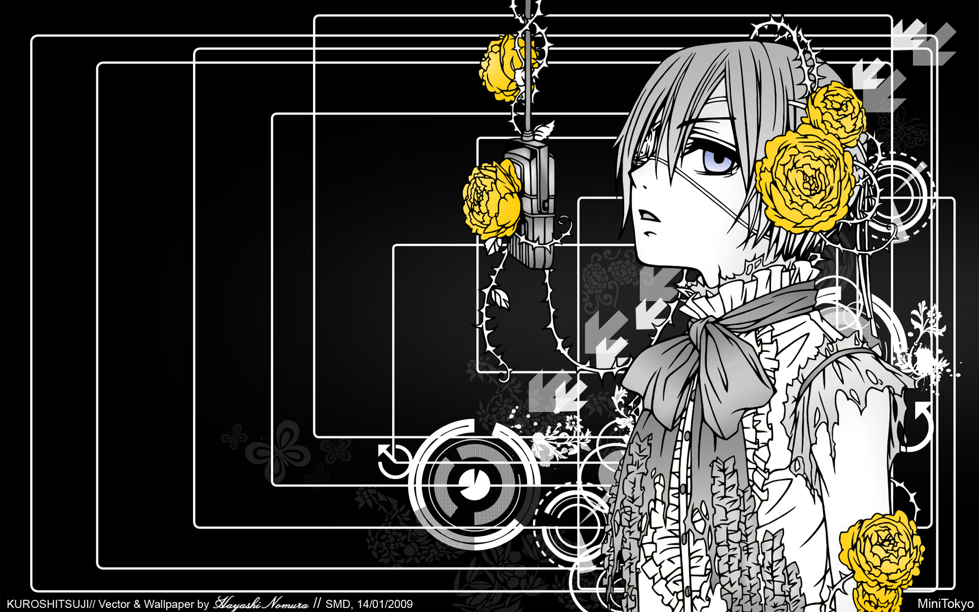 Black Butler HD Wallpaper: Elegant Anime Art with Yellow Roses