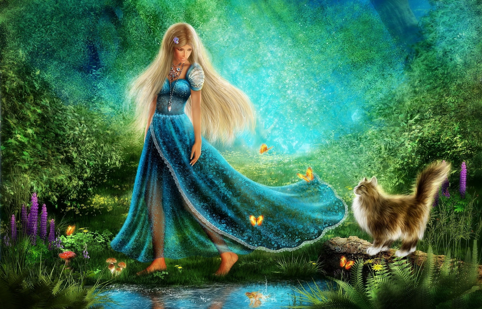 Download Forest Cat Fantasy Woman Hd Wallpaper By Alena Ekaterinburg
