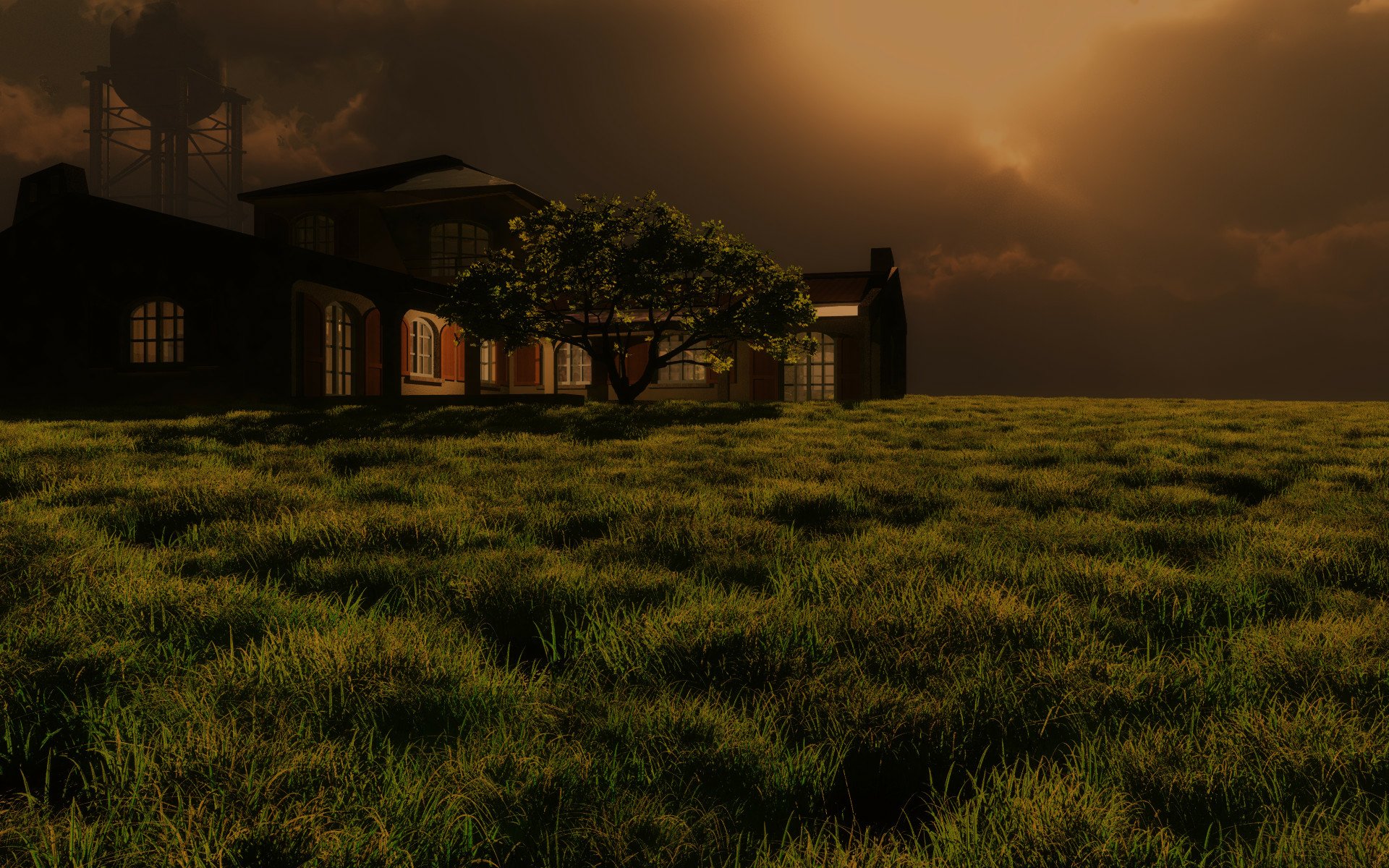 Download Tree Grass Dark Artistic House HD Wallpaper | 1920x1200 ...
