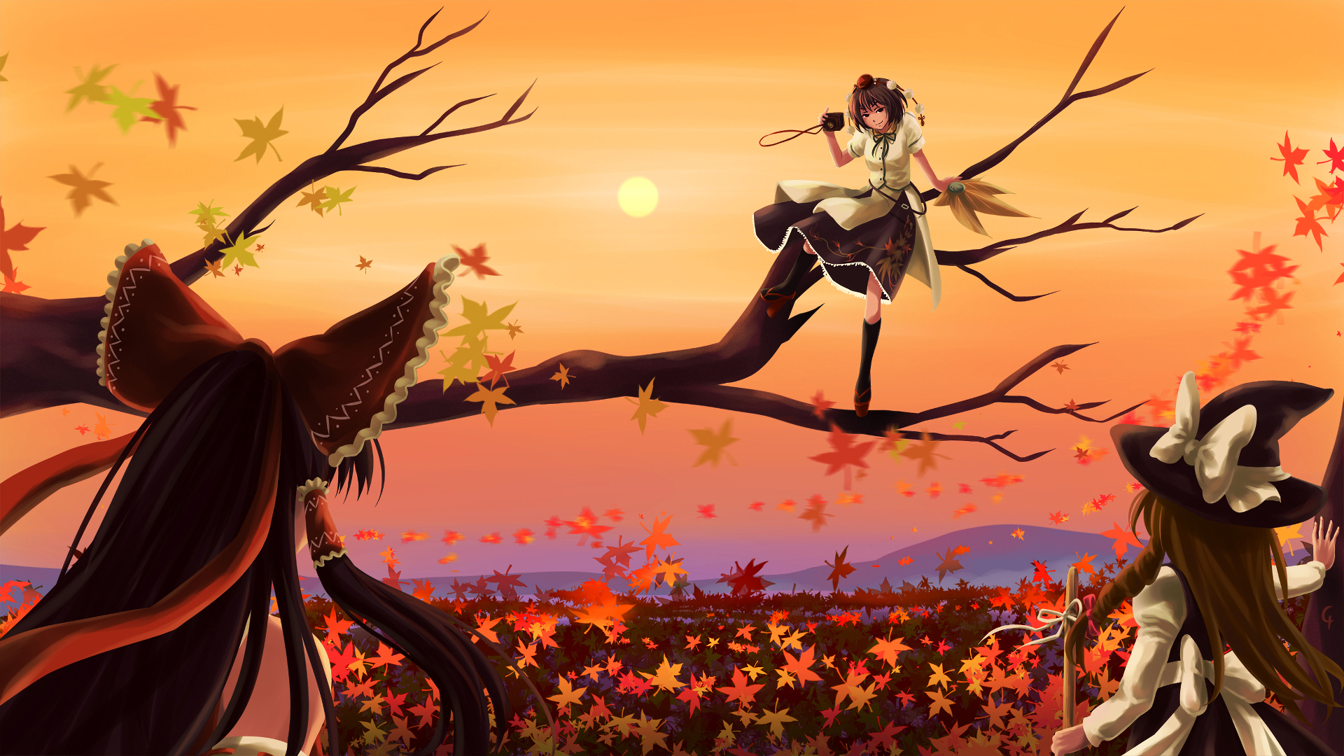 Touhou Trio at Sunset: Marisa, Reimu & Aya HD Wallpaper Magic