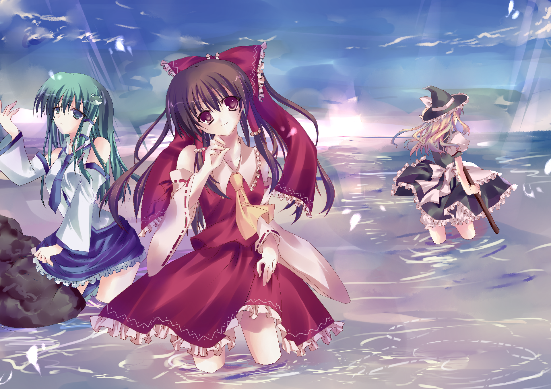 Touhou HD Wallpaper: Sanae, Marisa, and Reimu by the Shore