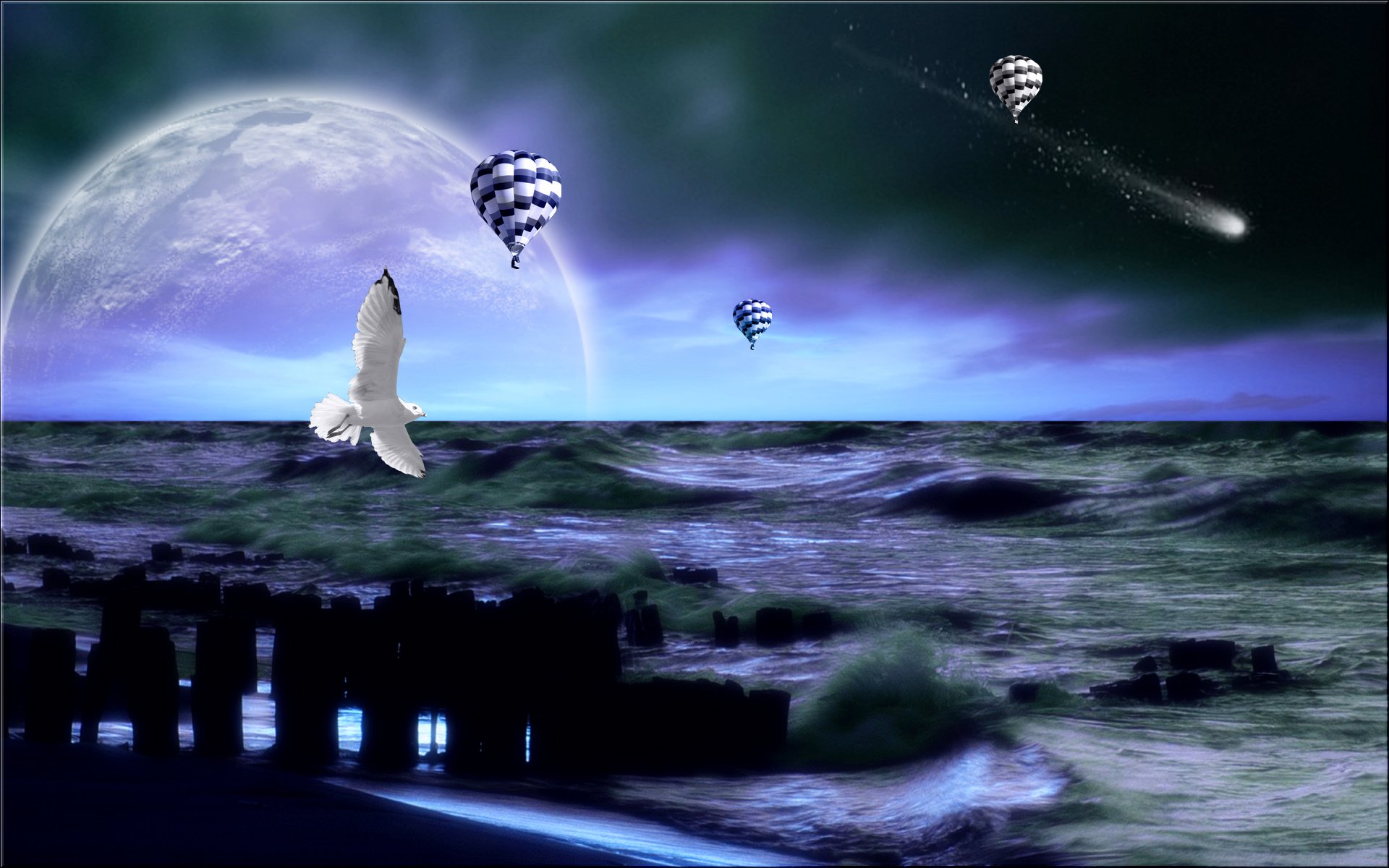 Download Seagull Planet Hot Air Balloon Sea Ocean Artistic Fantasy HD ...
