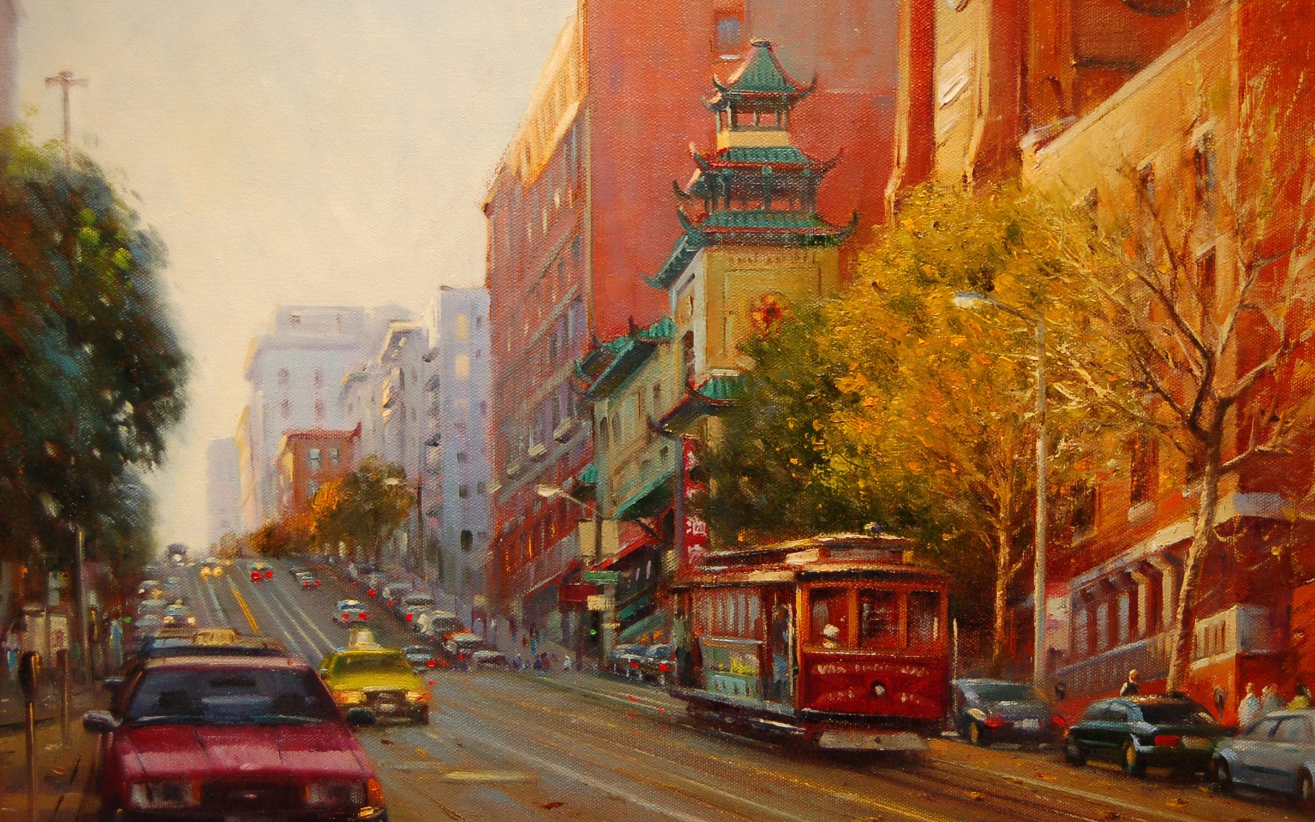 San Francisco Fall Tram: Artistic HD Cityscape with Cars and Houses