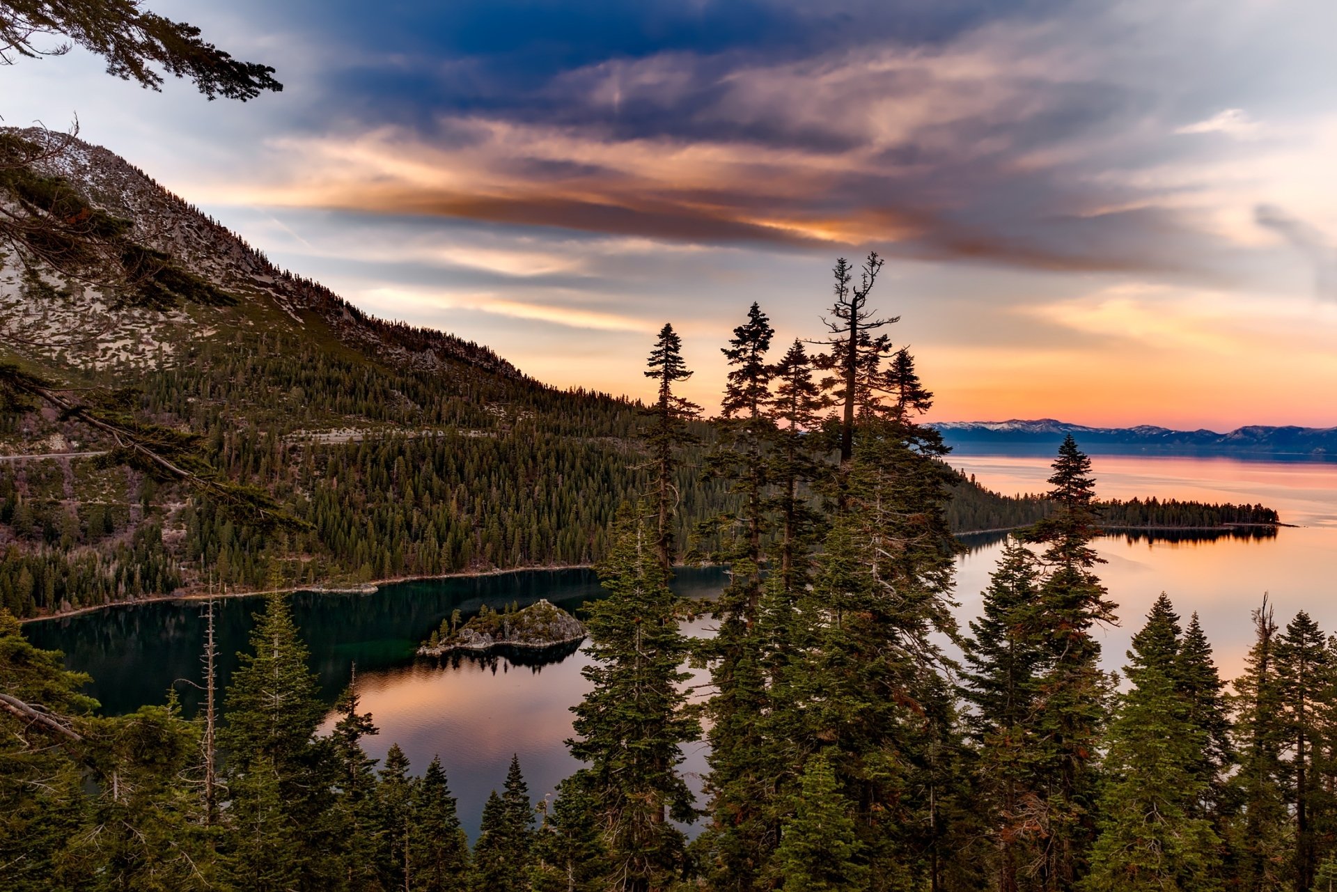 Lake Tahoe Serenity: Majestic Forested Island at Sunset HD Wallpaper