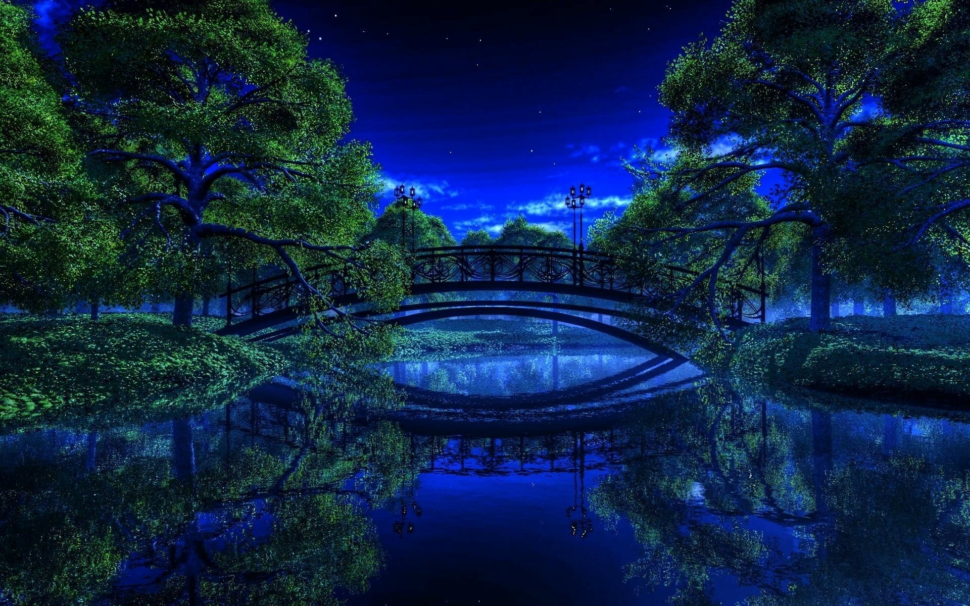 Moonlit Bridge Over Serene River Reflection at Night – HD Wallpaper