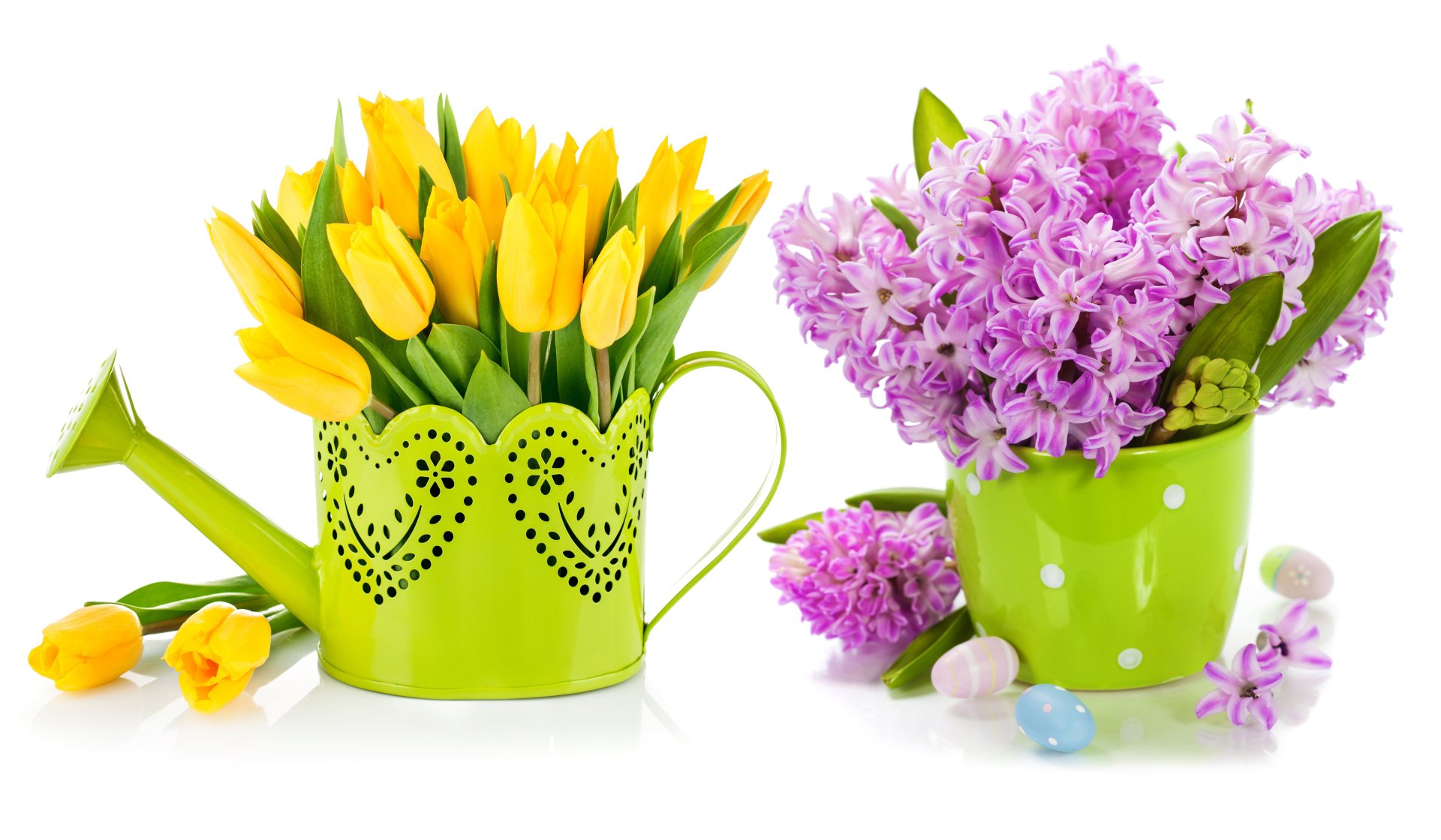 Spring Blooms: Vibrant Tulips and Hyacinths in Artistic Green Vases - 4K Ultra HD Wallpaper