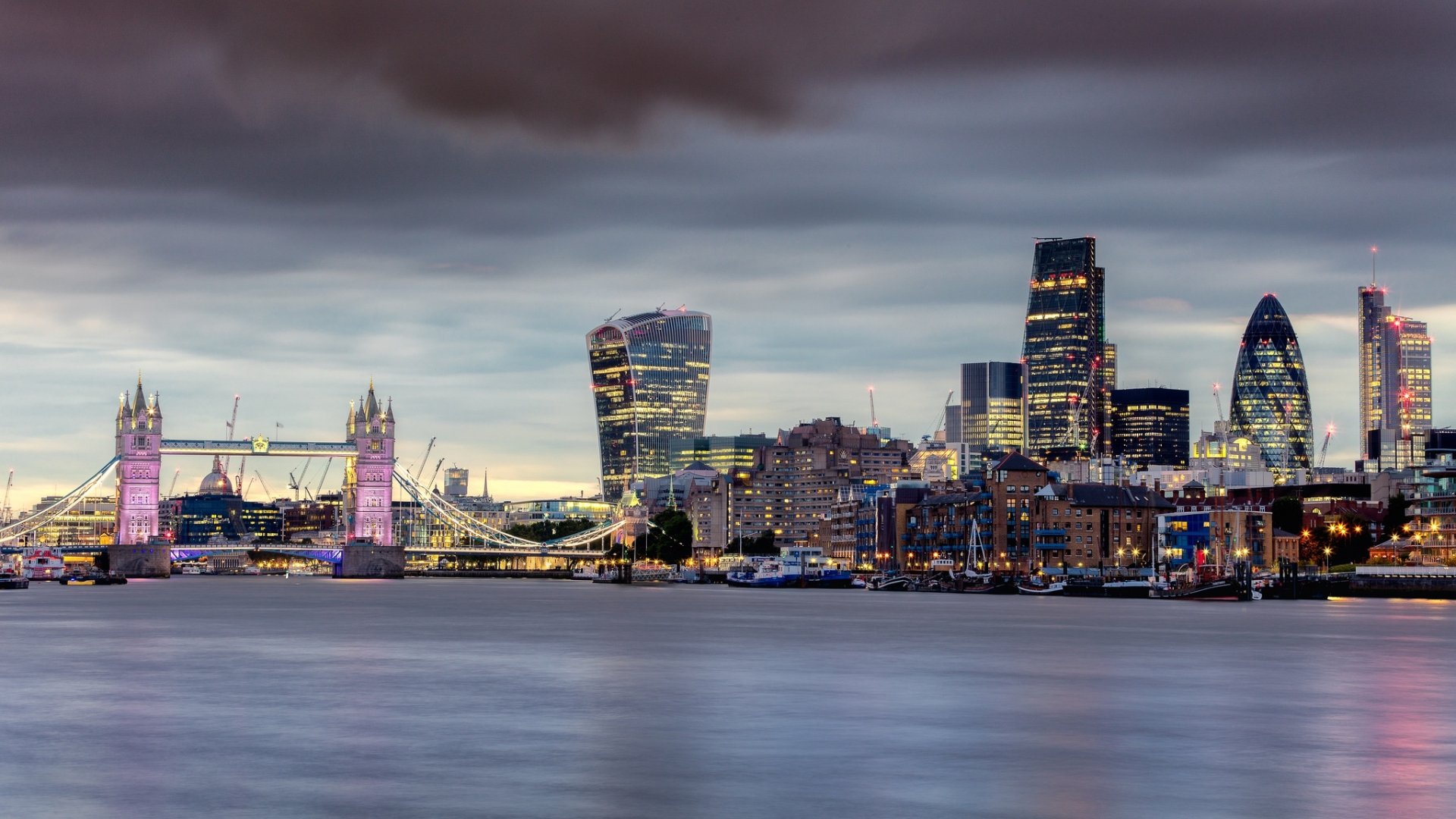 London Skyline at Night: Tower Bridge and Iconic Skyscrapers along the ...