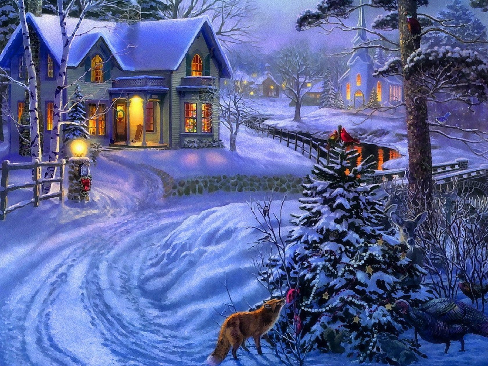 Winter’s Artistic Embrace: Snowy Tree-Lined Street and Cozy House HD ...