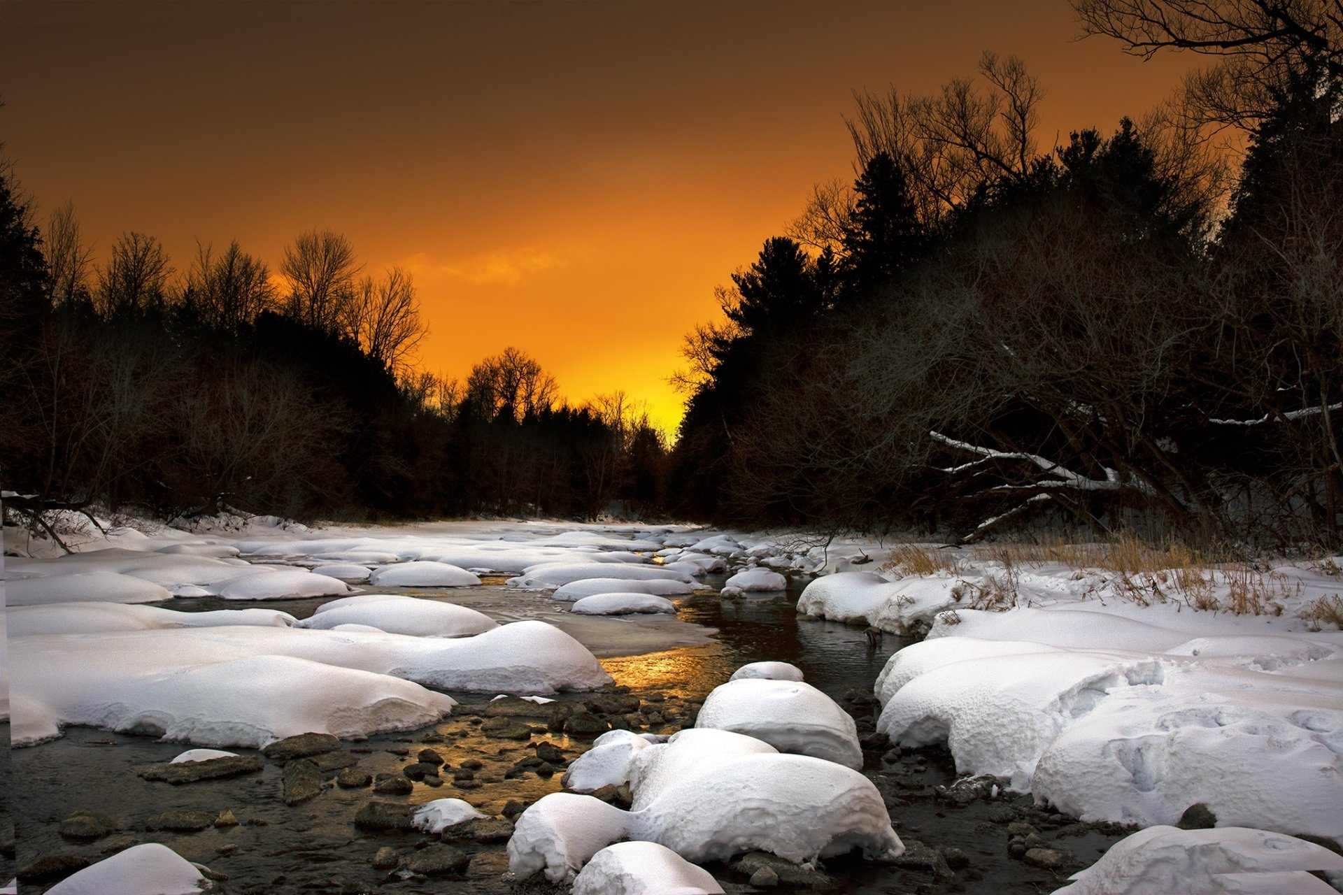 Download Sunset Snow Nature River HD Wallpaper