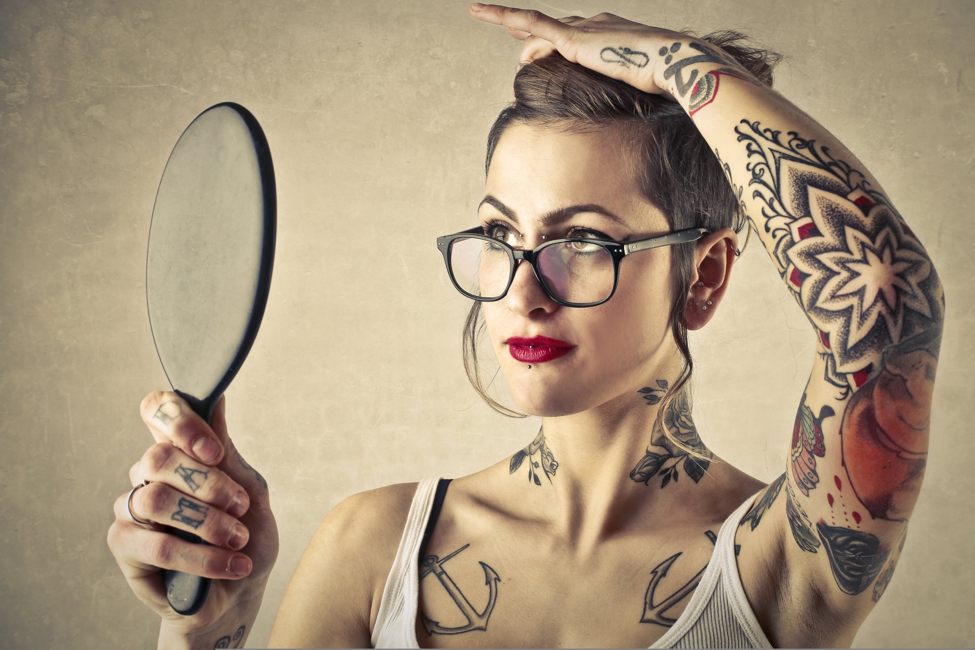 Bold Brunette Model with Glasses and Tattoos in Mirror Reflection – 4K ...